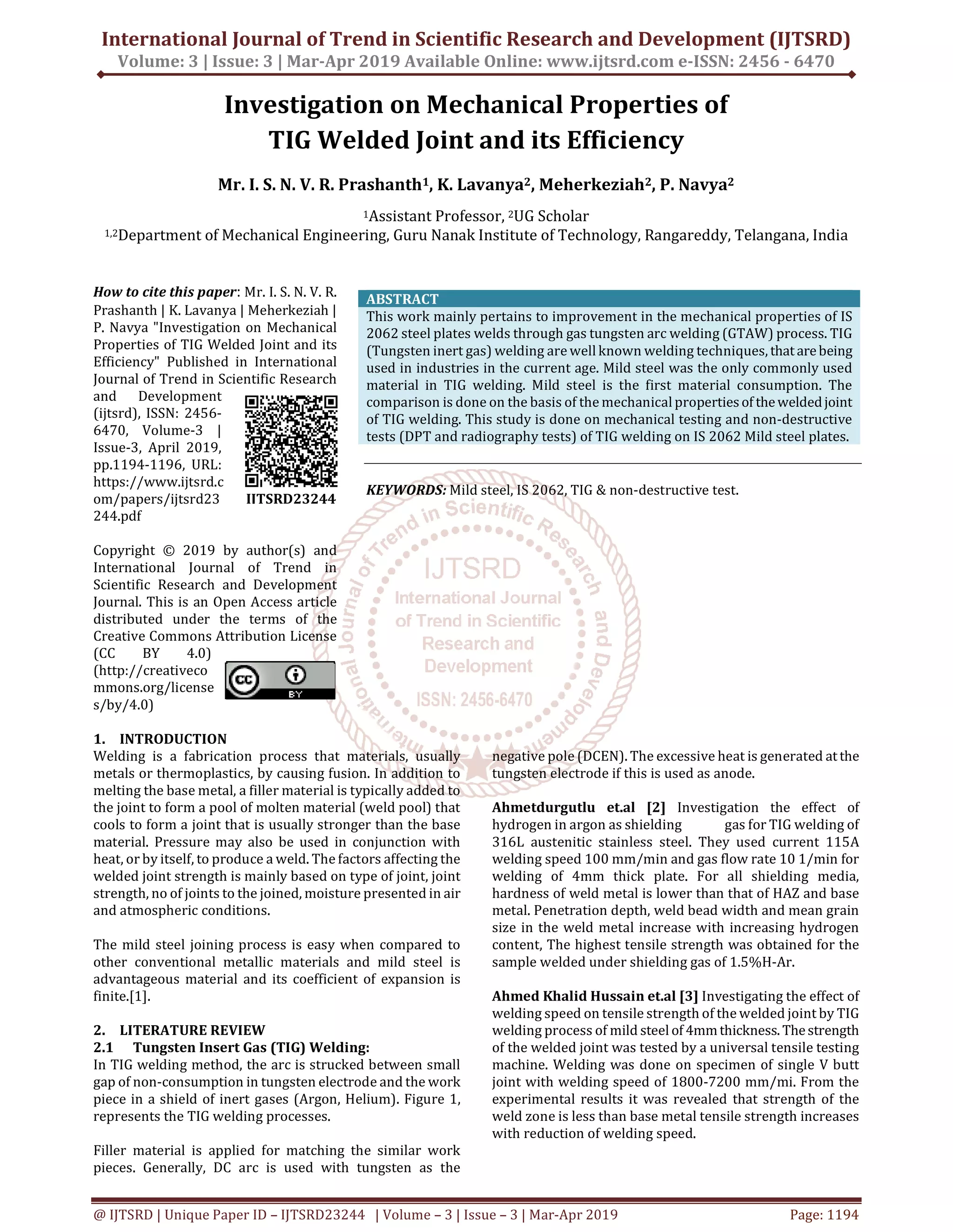 Investigation on Mechanical Properties of TIG Welded Joint and its ...