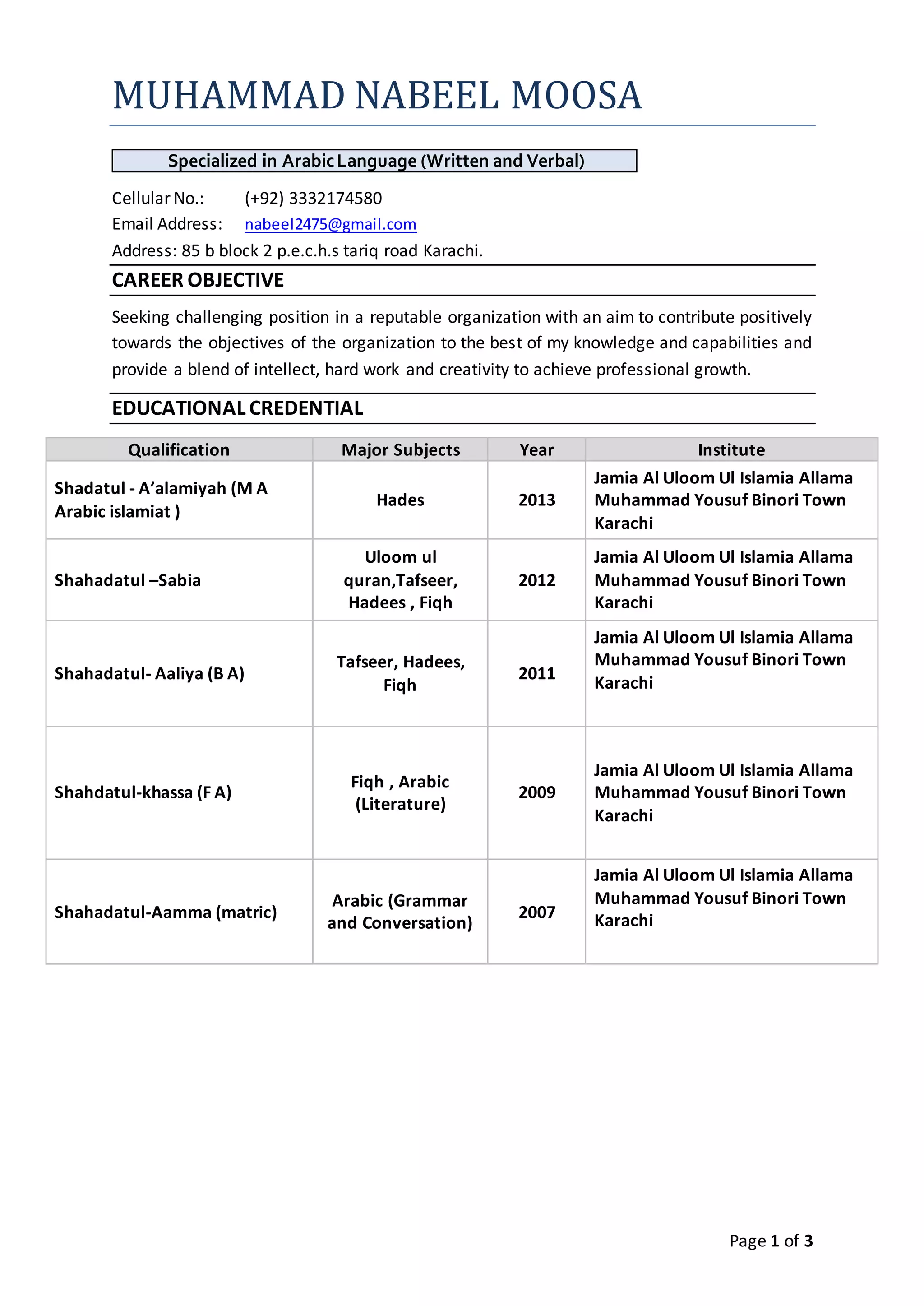 NABEEL CV 3 | DOCX | Islam | Religion & Spirituality