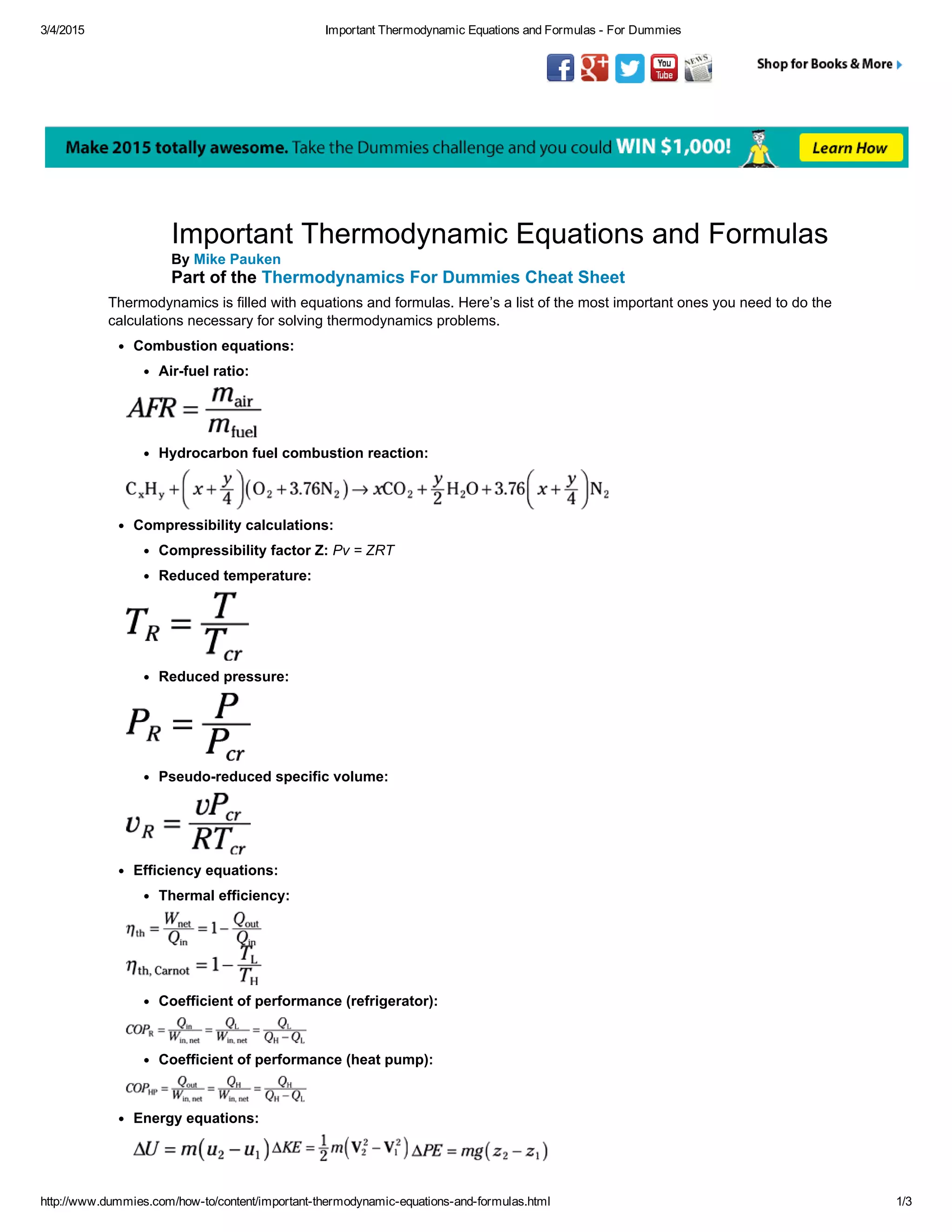258121110 important-thermodynamic-equations-and-formulas-for-dummies | PDF