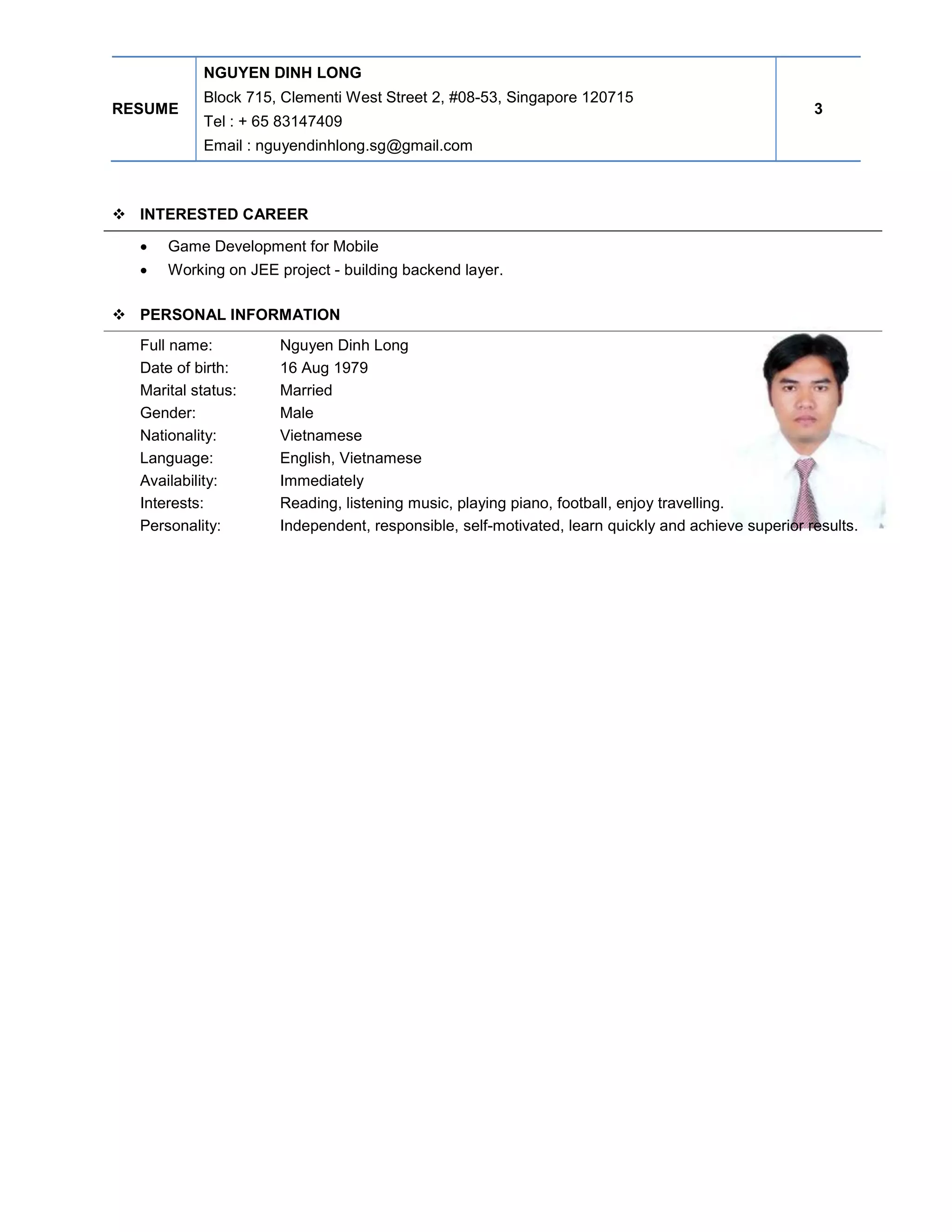 NGUYEN DINH LONG - RESUME | PDF | Web Development | Internet