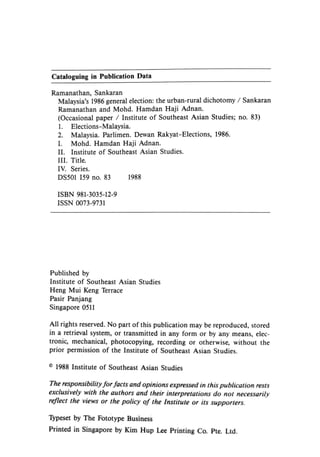 Malaysias 1986 General Election The Urbanrural Dichotomy Sankaran ...
