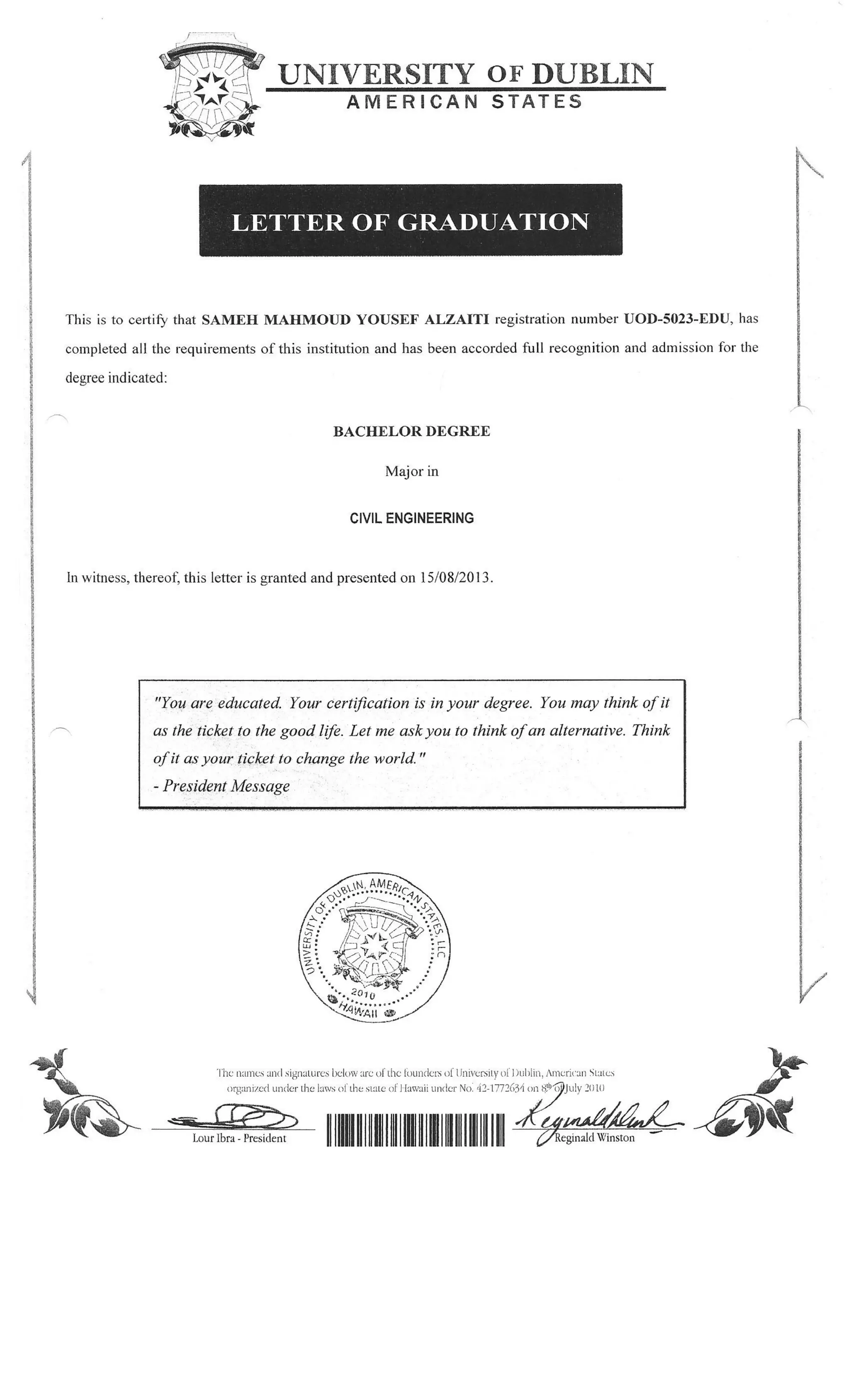 University Of Dublin American States-Certificate | PDF