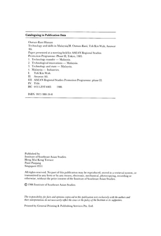 Technology And Skills In Malaysia H Osmanrani Toh Kin Woon Anuwar Ali | PDF