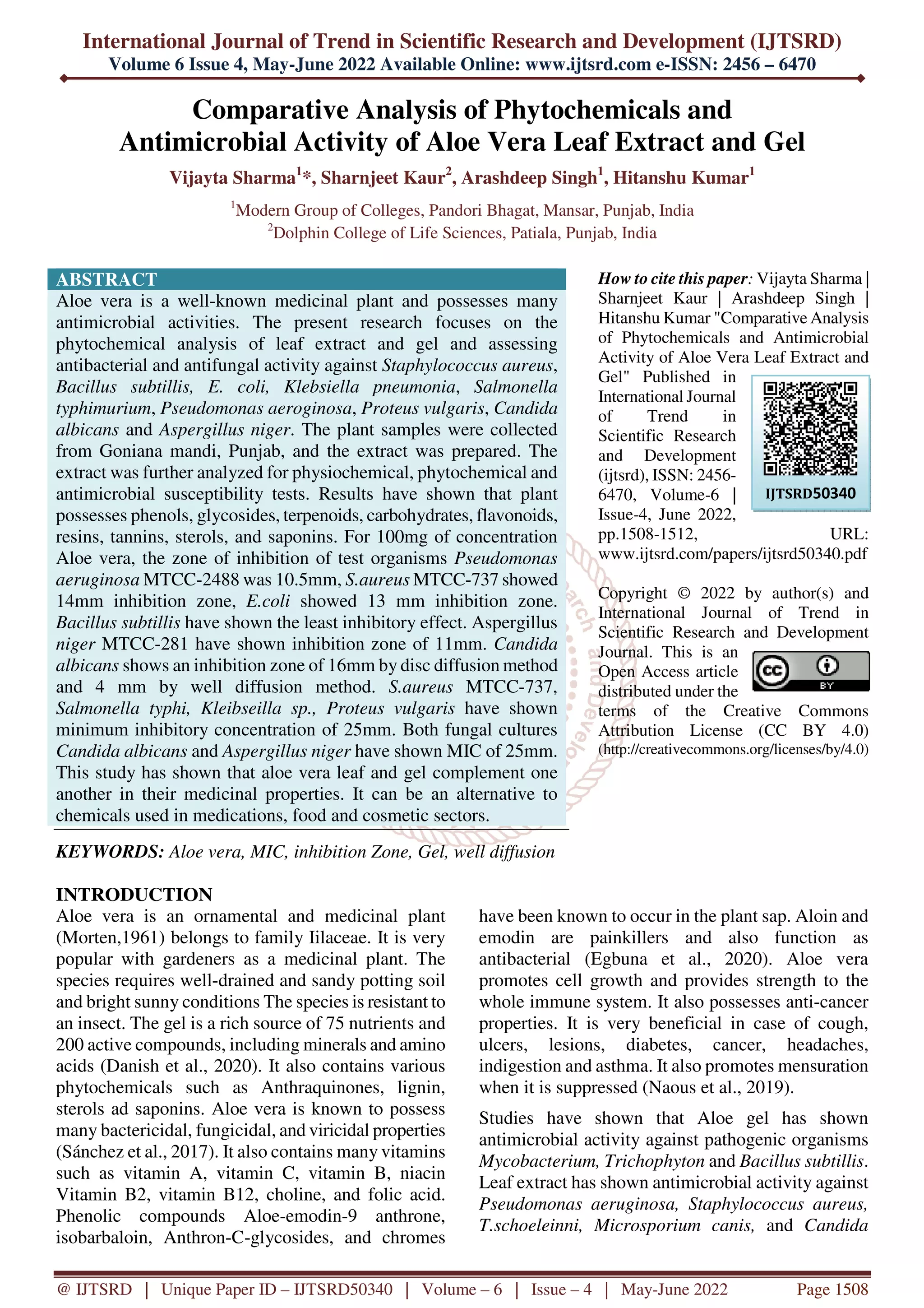 Comparative Analysis of Phytochemicals and Antimicrobial Activity of Aloe Vera Leaf Extract and ...