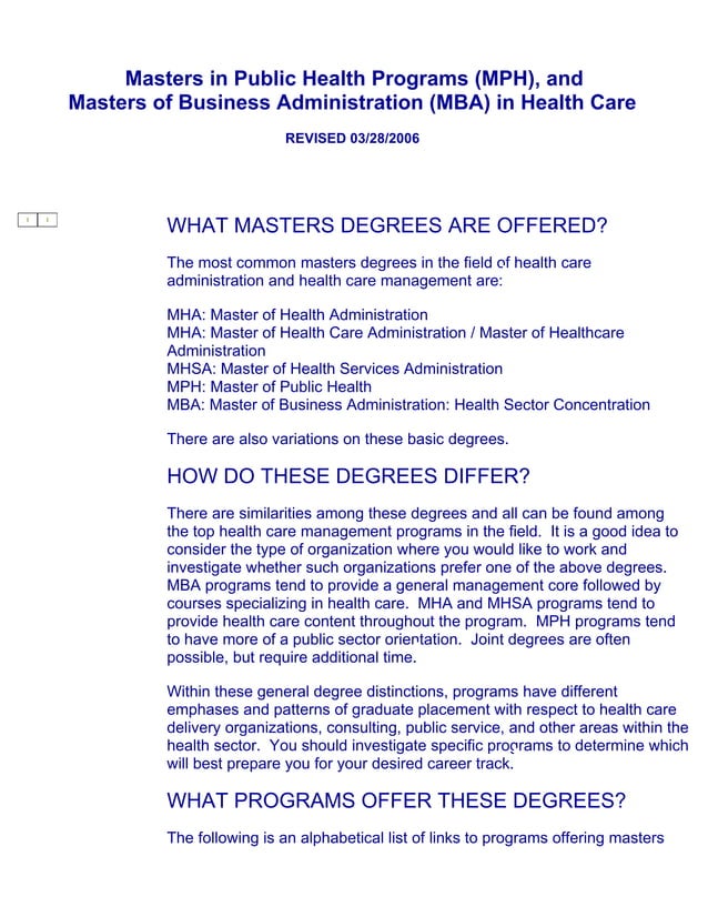 Masters in Public Health Programs | DOC | Professional School ...