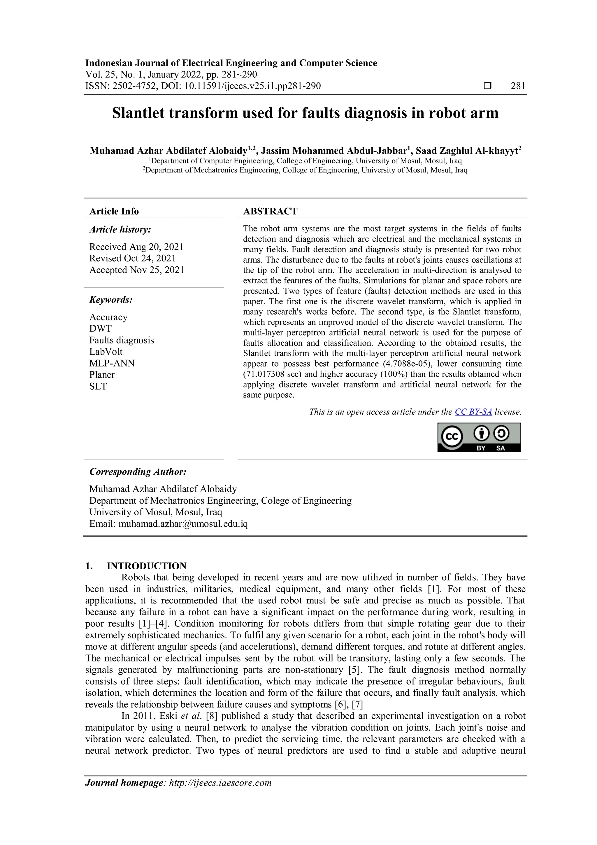 Slantlet transform used for faults diagnosis in robot arm | PDF