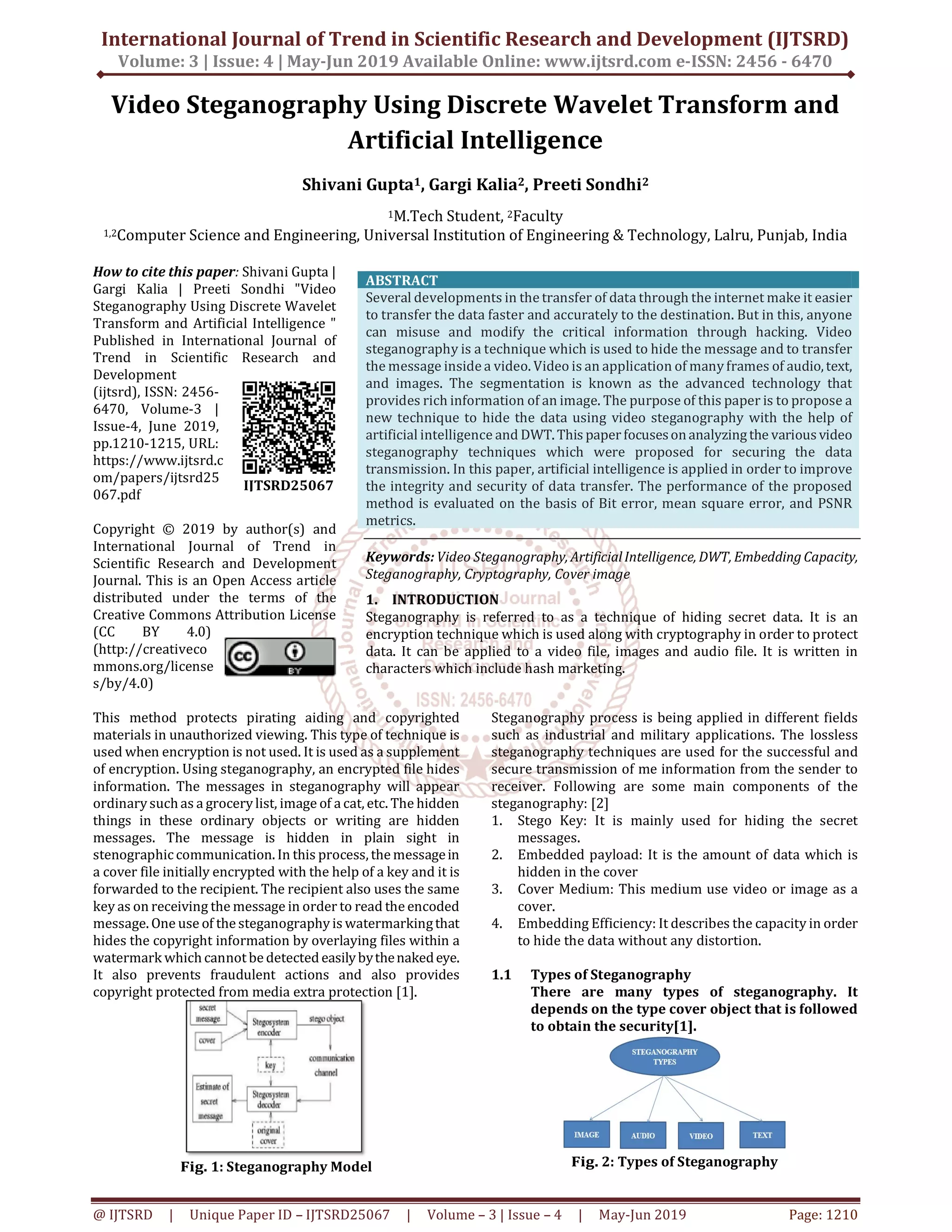 Video Steganography using Discrete Wavelet Transform and Artificial Intelligence | PDF