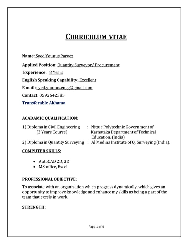 Quantity Surveyor resume123 (1) | DOCX
