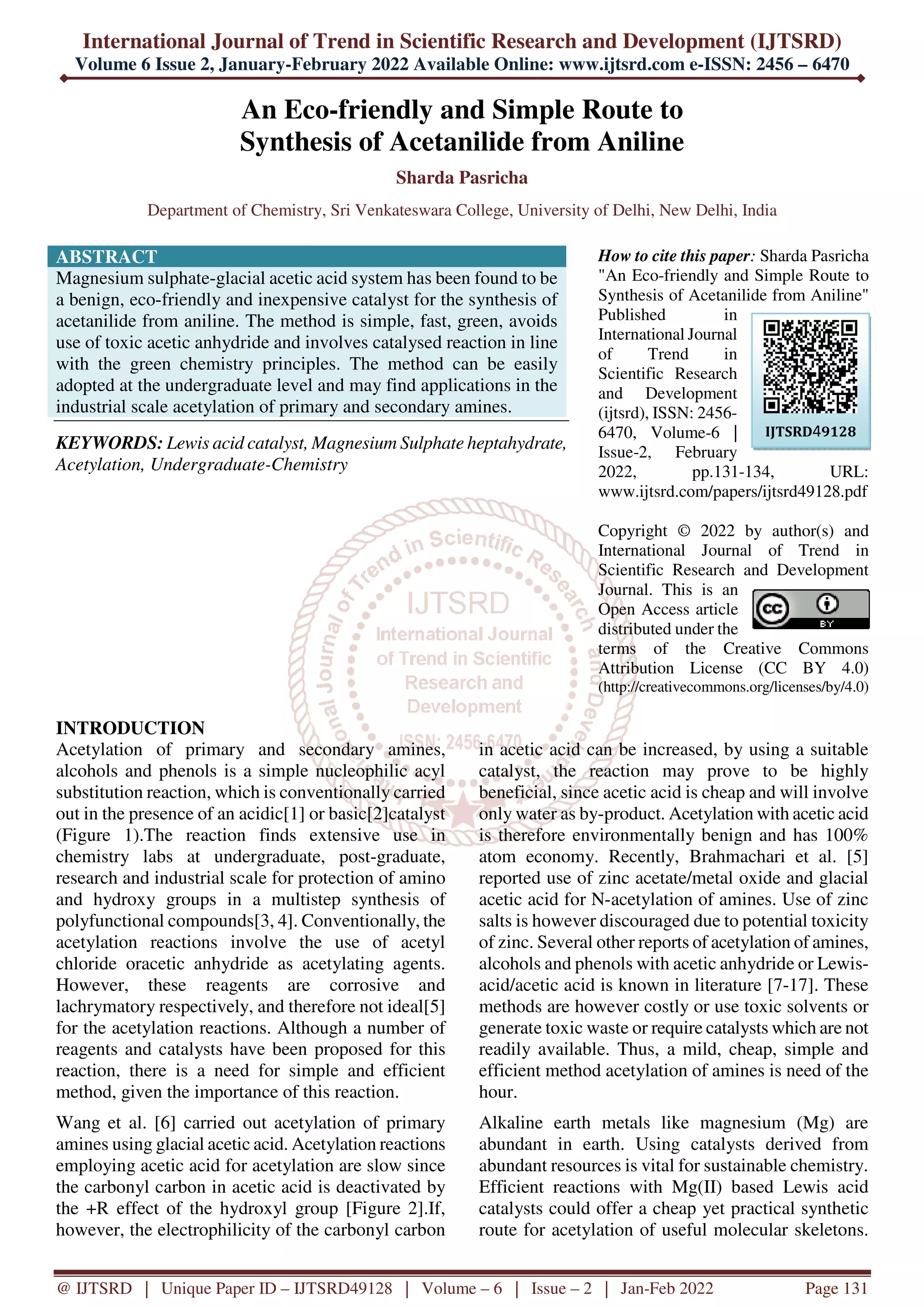 An Eco friendly and Simple Route to Synthesis of Acetanilide from ...