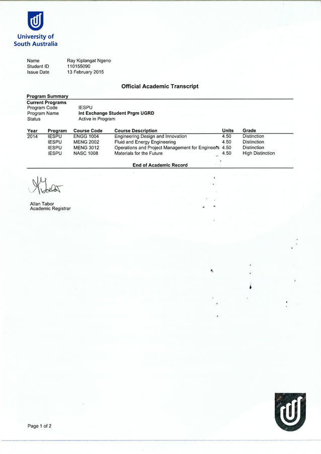 University of South Australia transcript | PDF