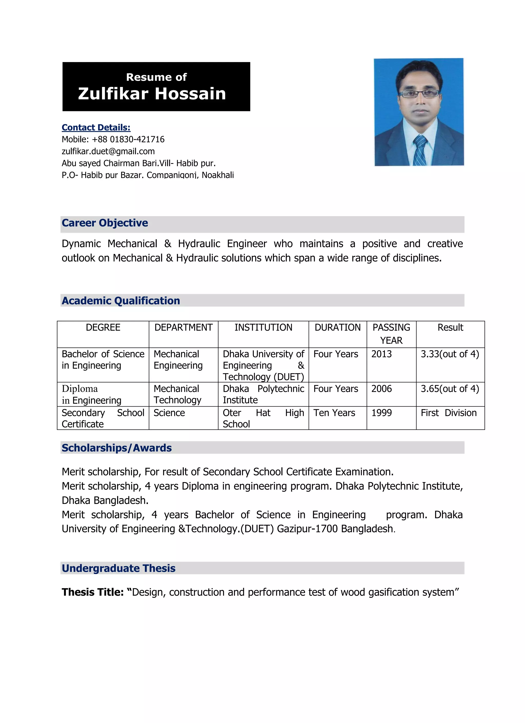Resume of Zulfikar Hossain(1) | PDF | Education