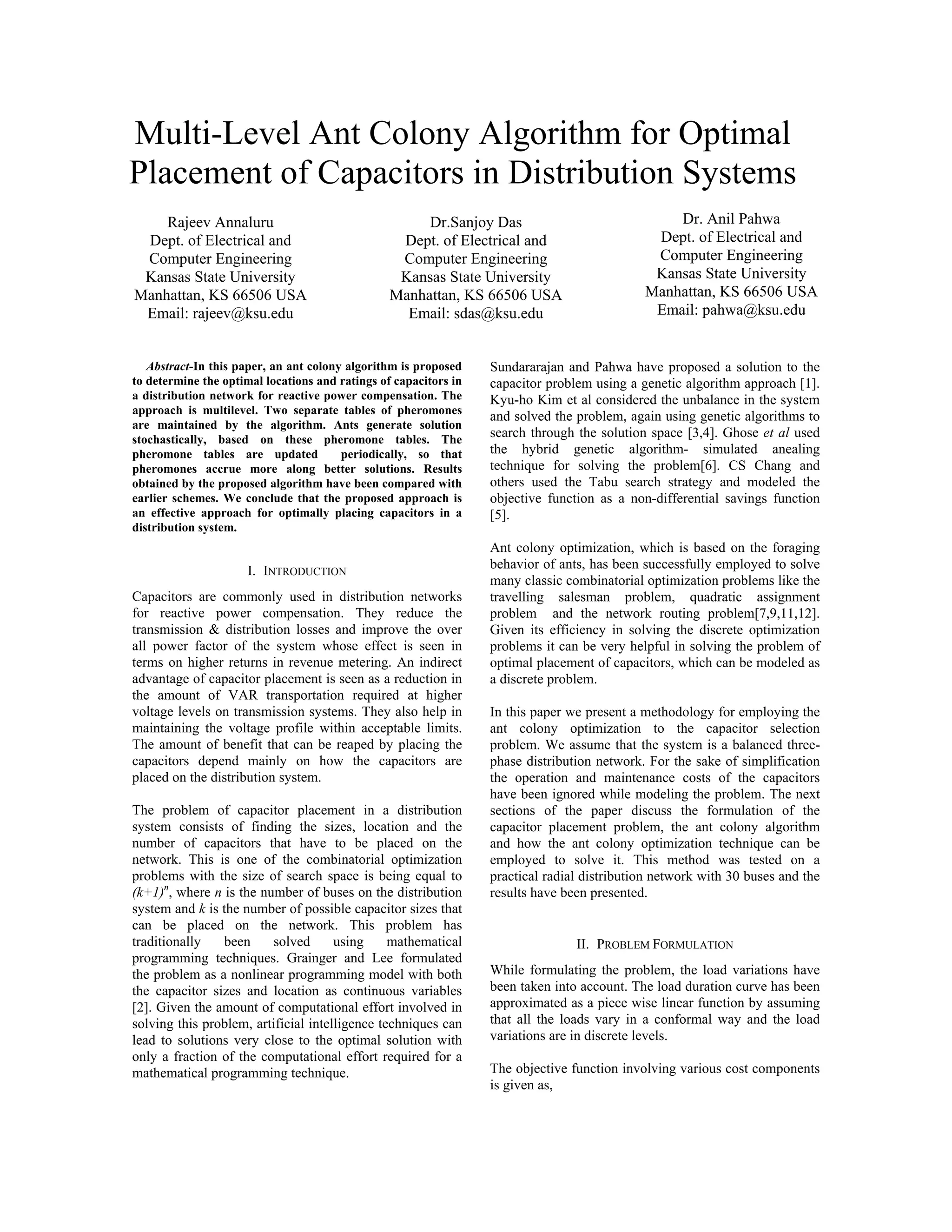 Multi-Level Ant Colony Algorithm for Optimal Placement of Capacitors on a distribution system | PDF