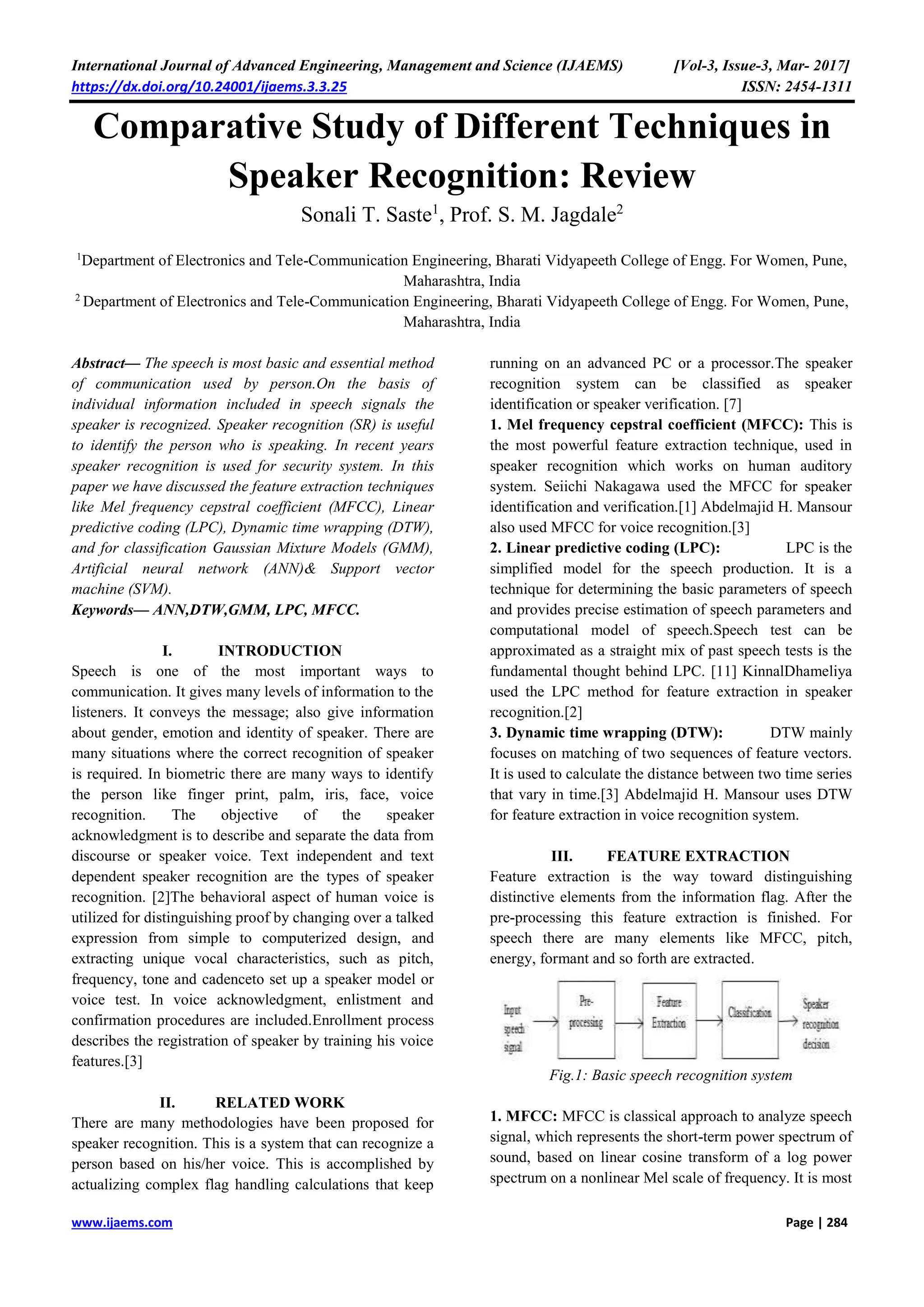 Comparative Study of Different Techniques in Speaker Recognition: Review | PDF