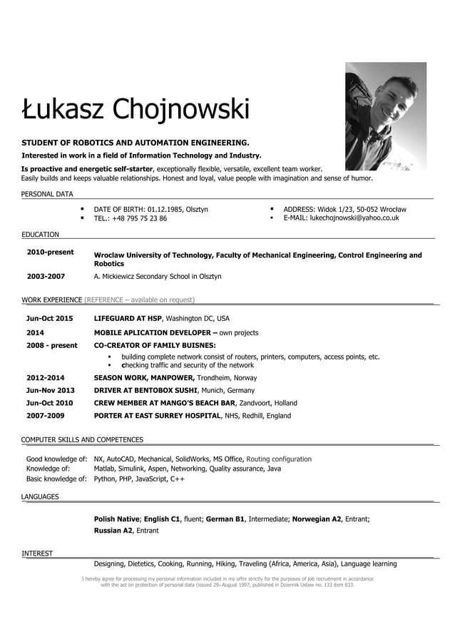 Lukasz_Chojnowski_CV | PDF | Robotics | Technology & Computing