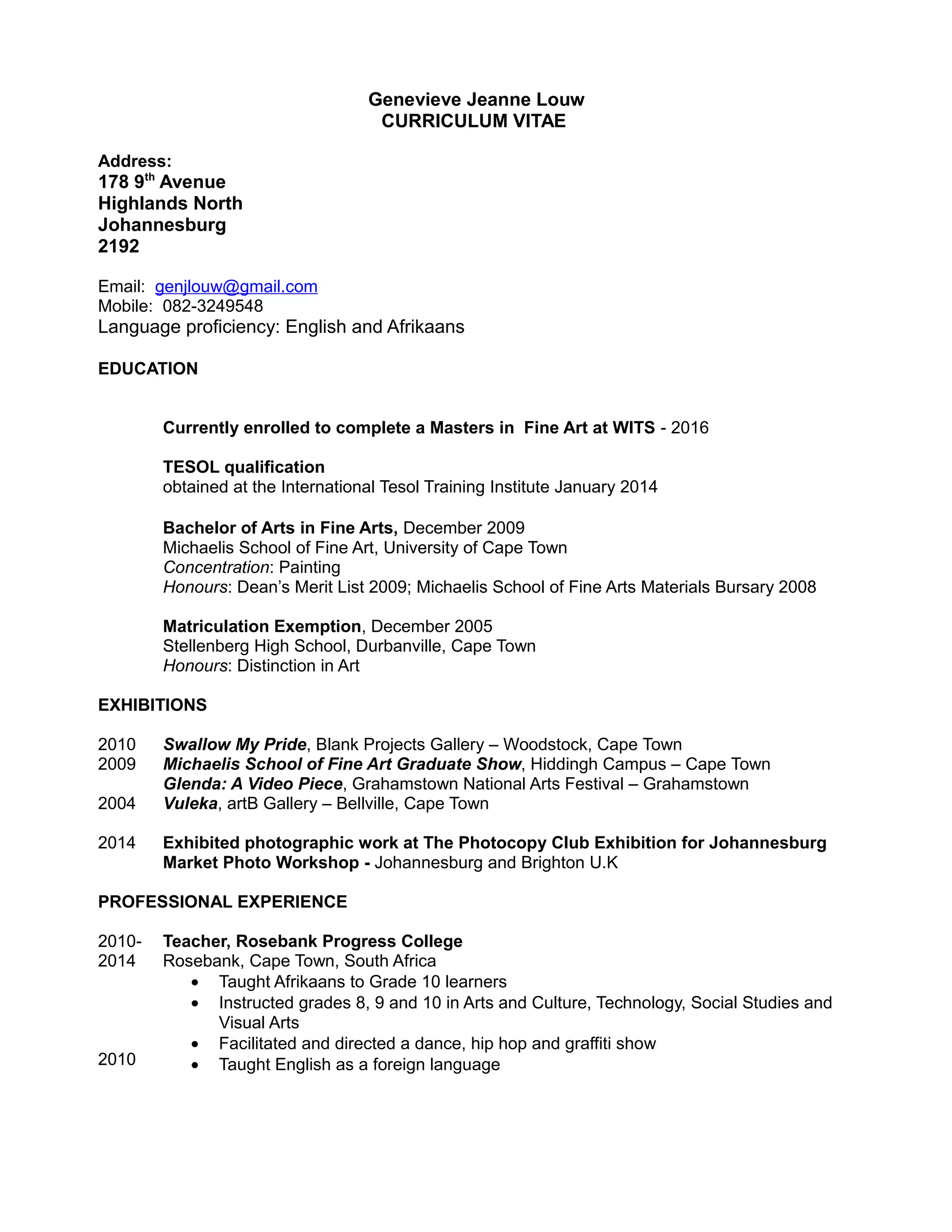 CV G Louw | PDF | Arts and Crafts | Hobbies & Interests