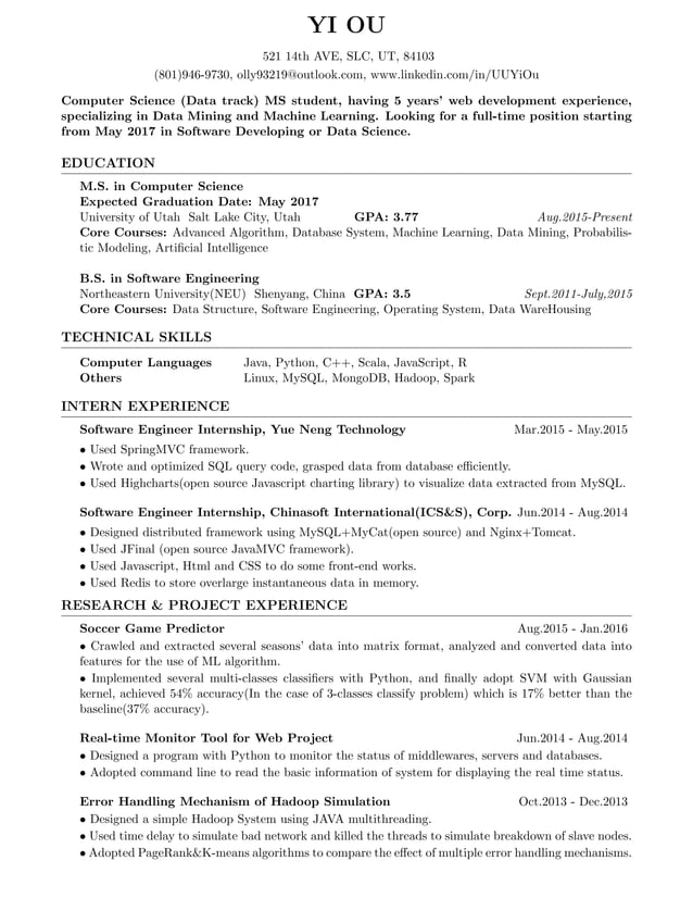 Yi_Ou_Resume | PDF | Programming Languages | Computing
