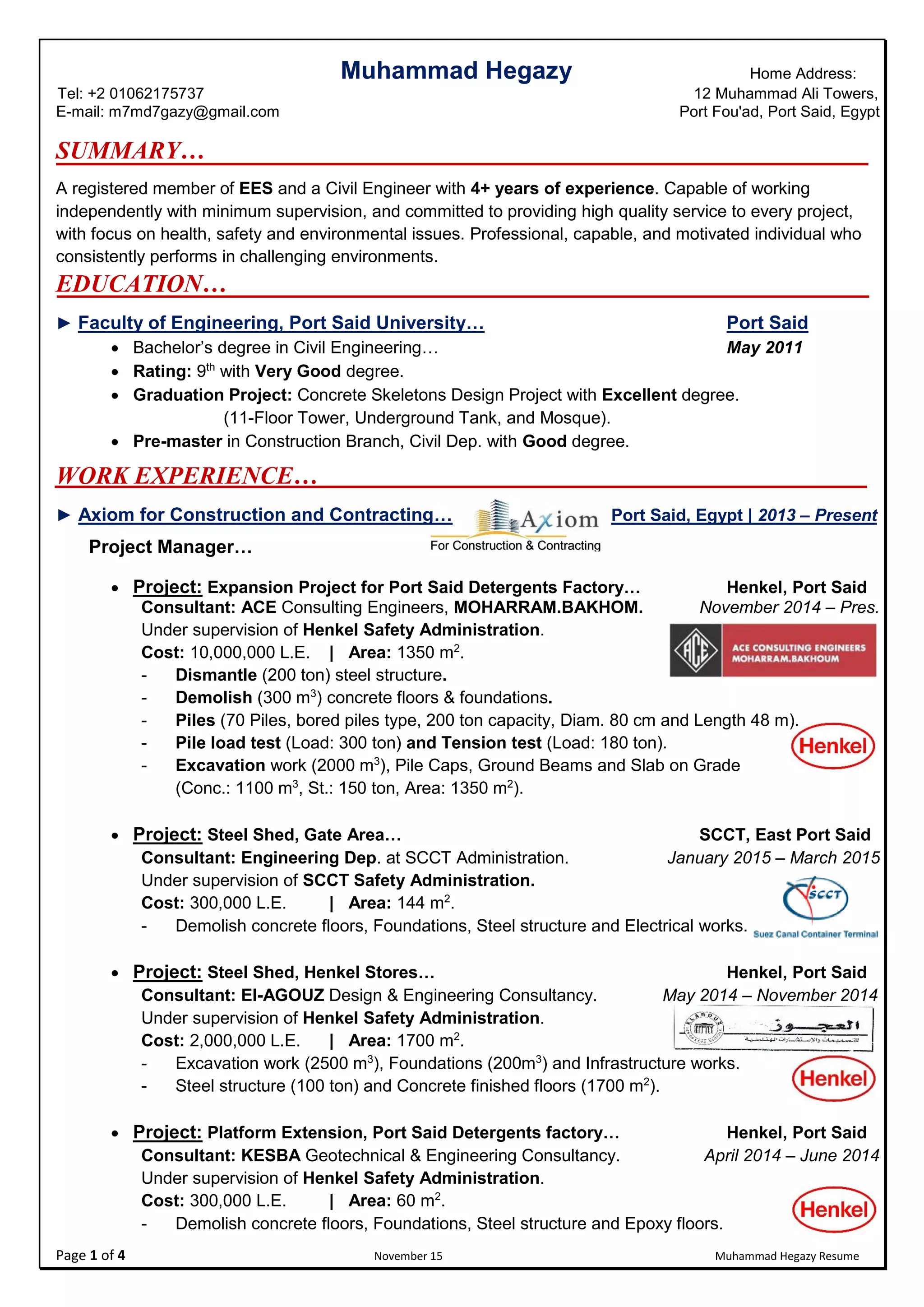 Eng. Muhammad Hegazy Resume #11-2015 | PDF | Civil Engineering Industry | Industries