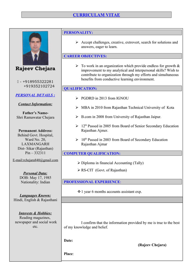 RESUME RAJEEV | DOC | Career Planning | Careers