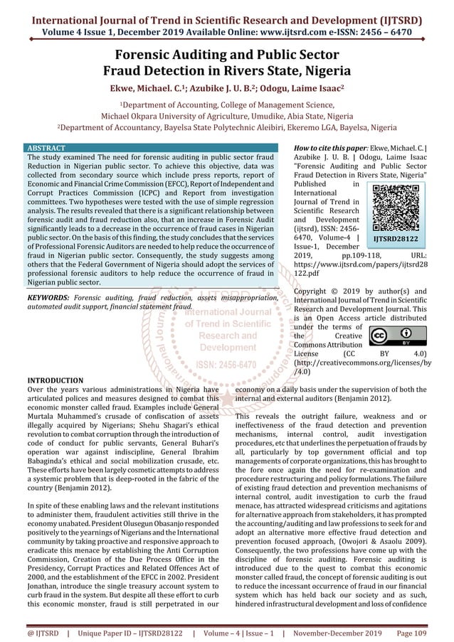 Forensic Auditing and Public Sector Fraud Detection in Rivers State, Nigeria | PDF