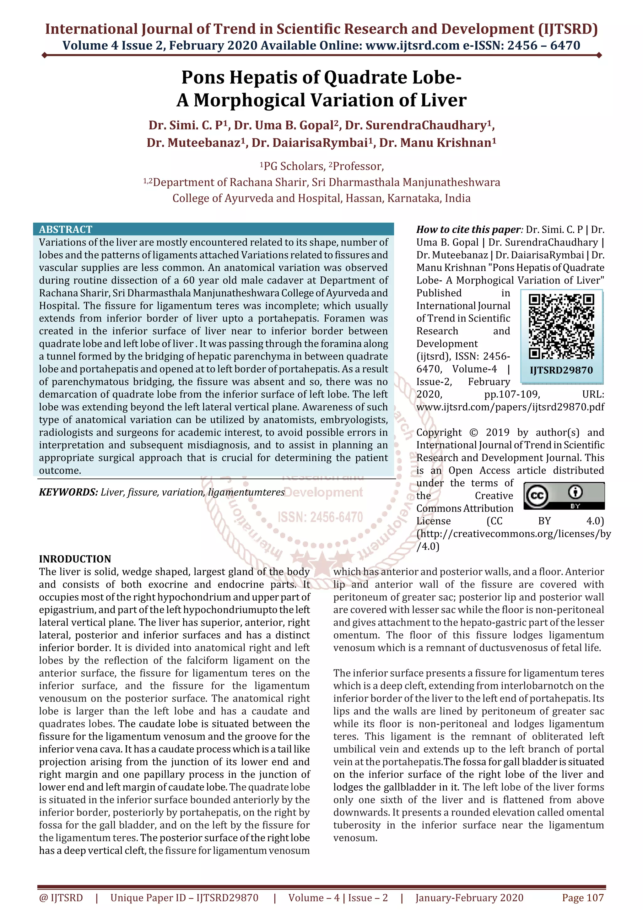 Pons Hepatis of Quadrate Lobe A Morphogical Variation of Liver | PDF