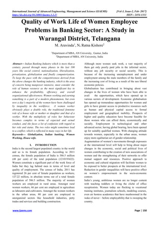 Quality of Work Life of Women Employee Problems in Banking Sector: A ...