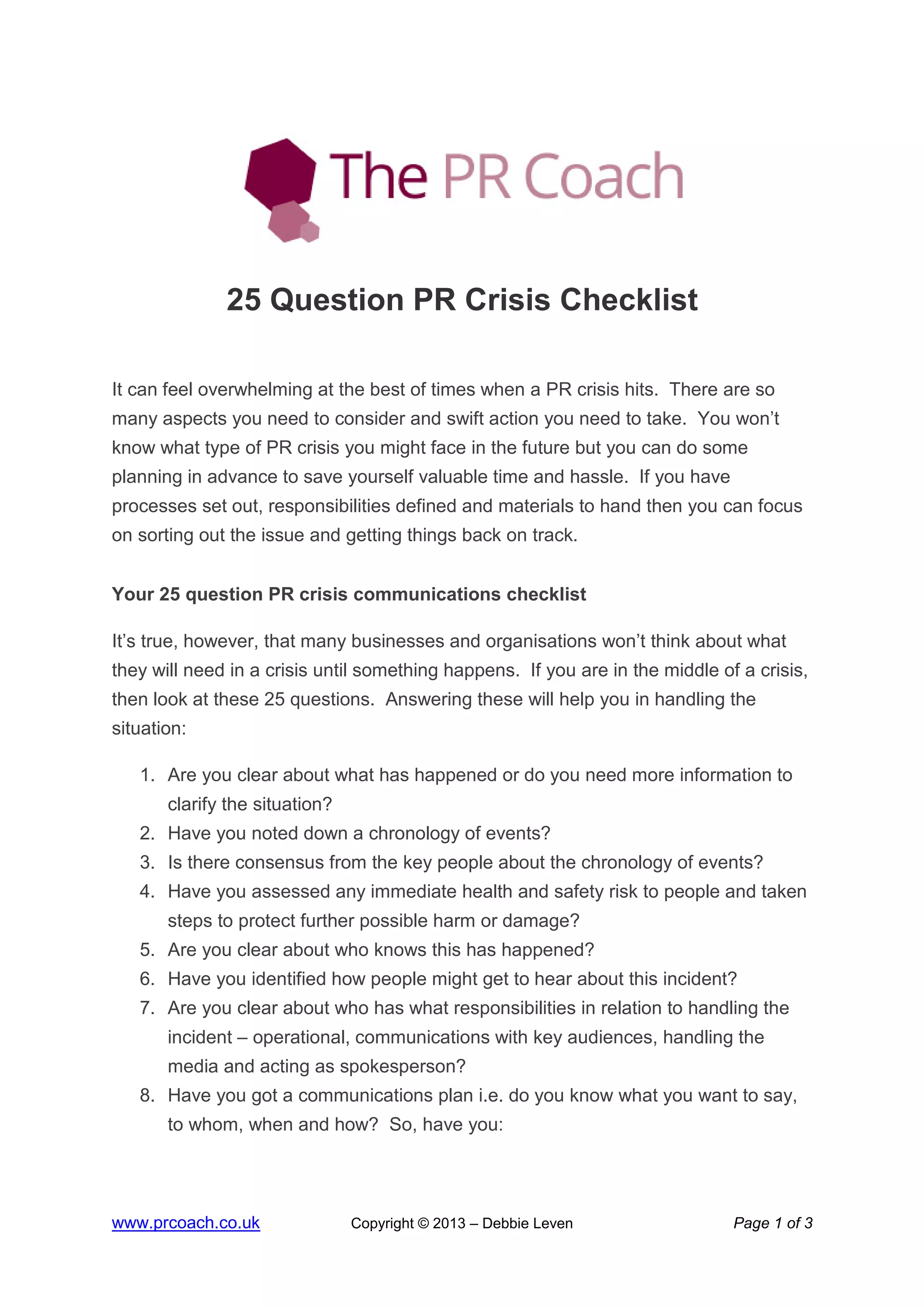 25 Question PR Crisis Checklist | PDF