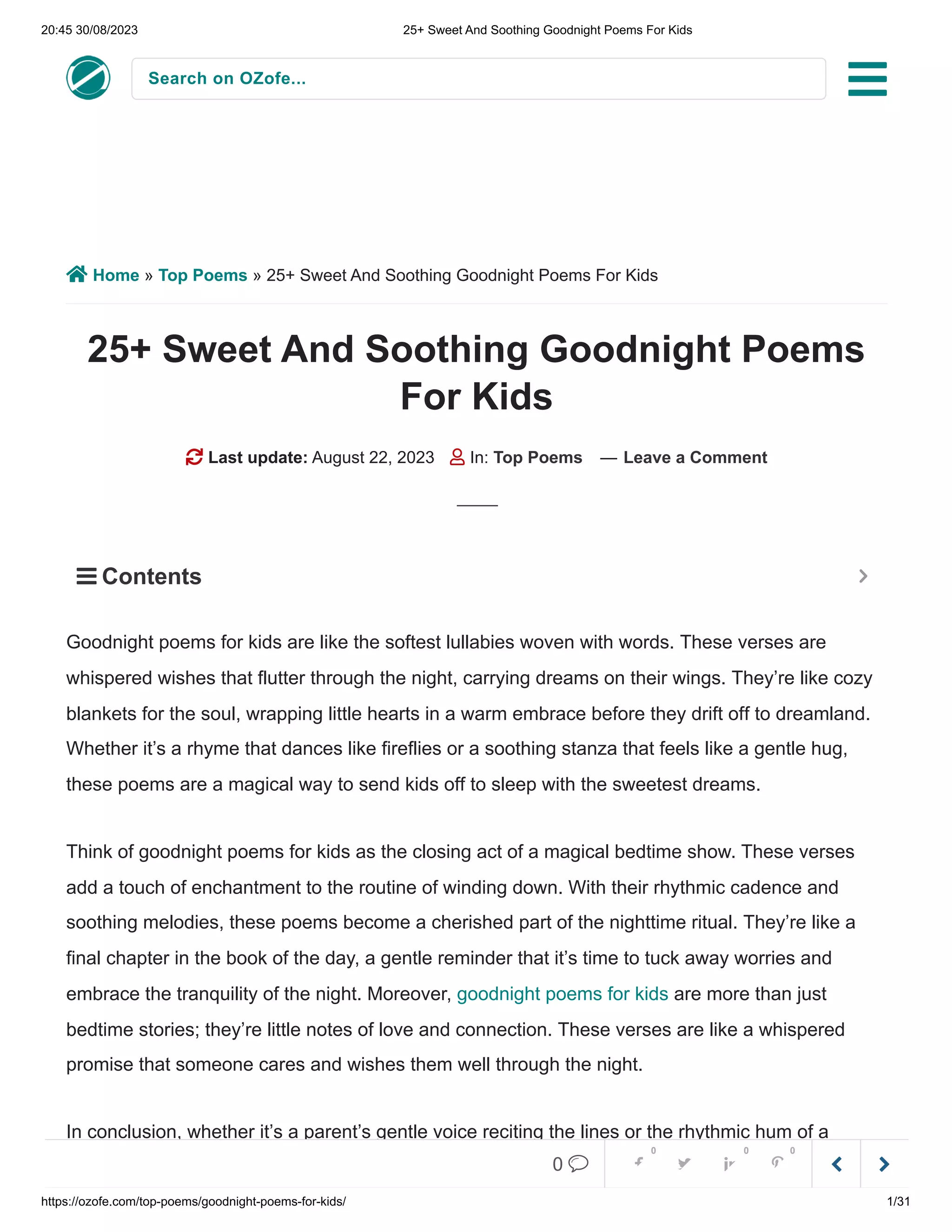 Goodnight Poems For Kids | PDF