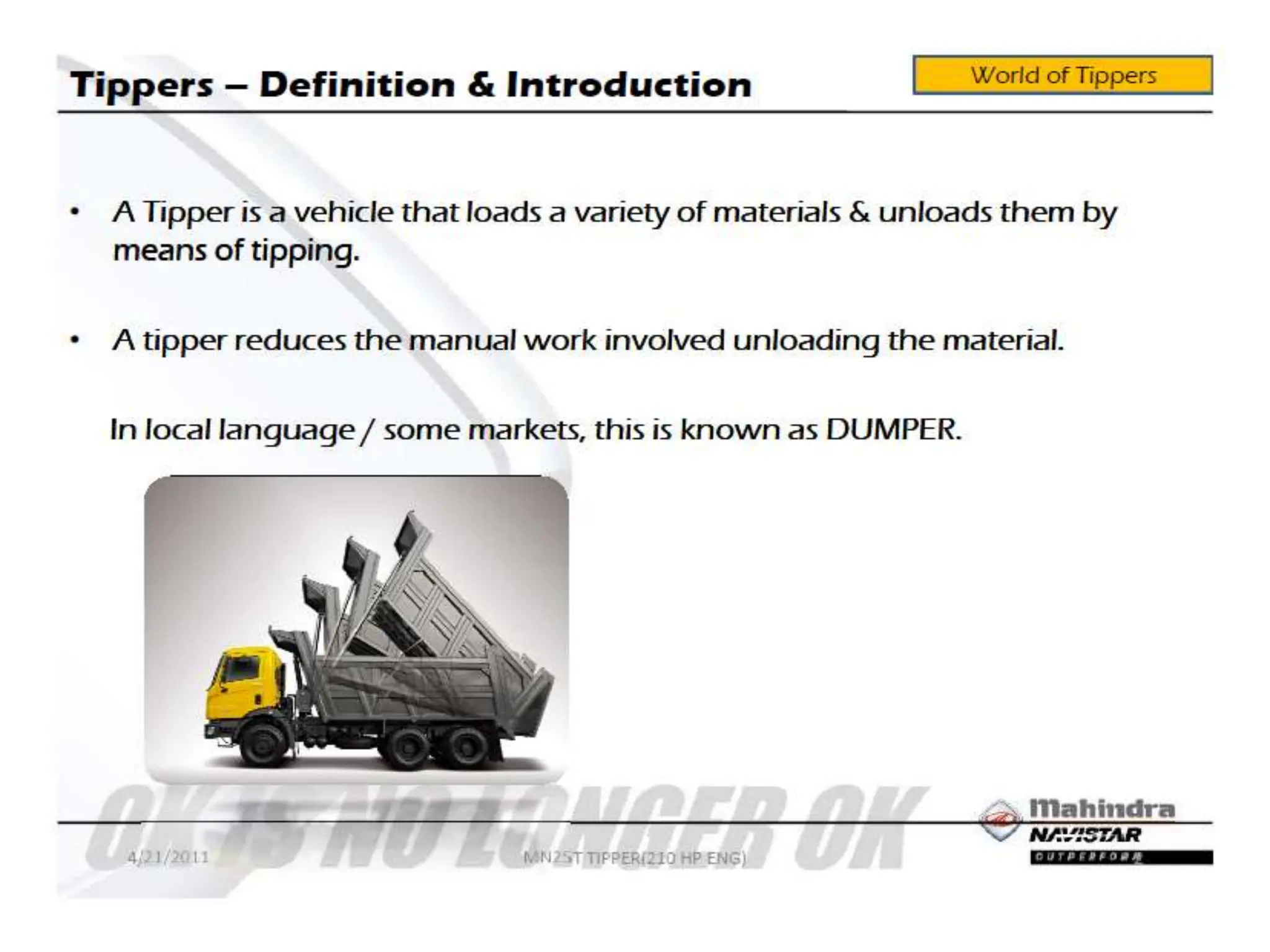 Mahindra TORRO 25 Ton Capacity Tippers Specs | PPTX