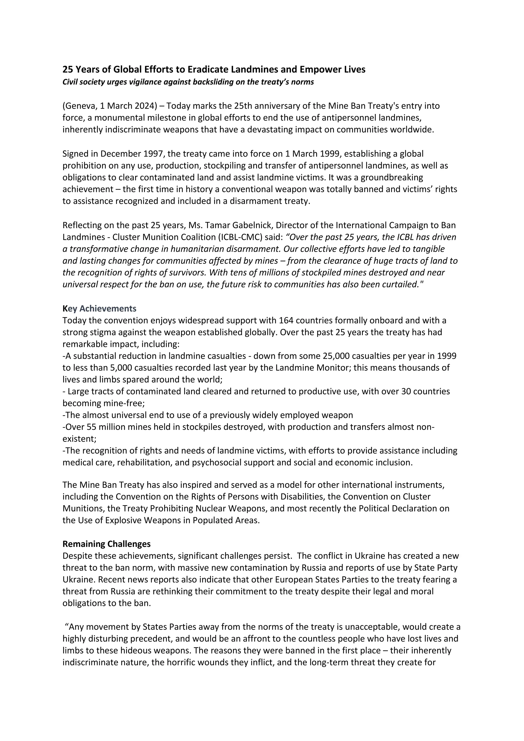 25 Years of Global Efforts to Eradicate Landmines and Empower Lives. | PDF