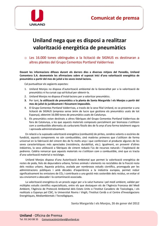 Comunicat Uniland | PDF