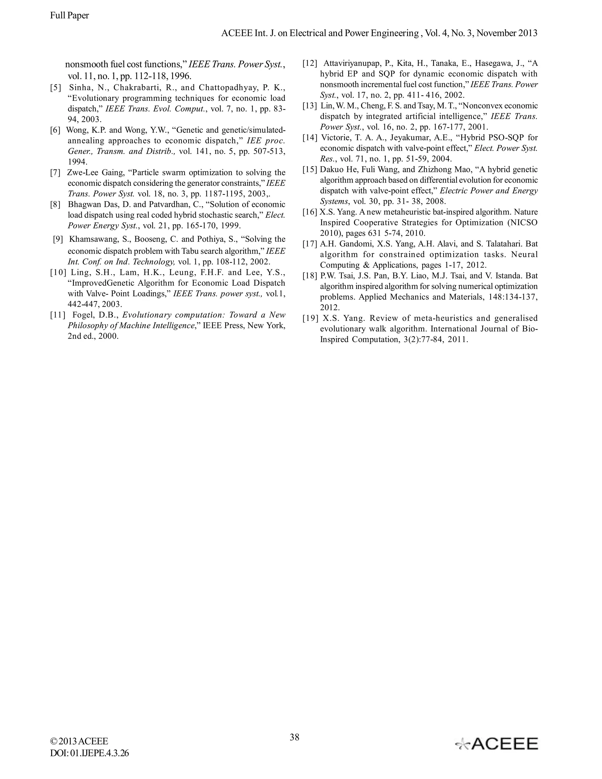 Economic Load Dispatch Problem with Valve – Point Effect Using a Binary Bat Algorithm | PDF
