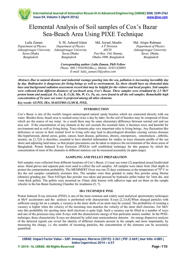 Elemental Analysis of Soil samples of Cox’s Bazar Sea-Beach Area Using PIXE Technique | PDF ...