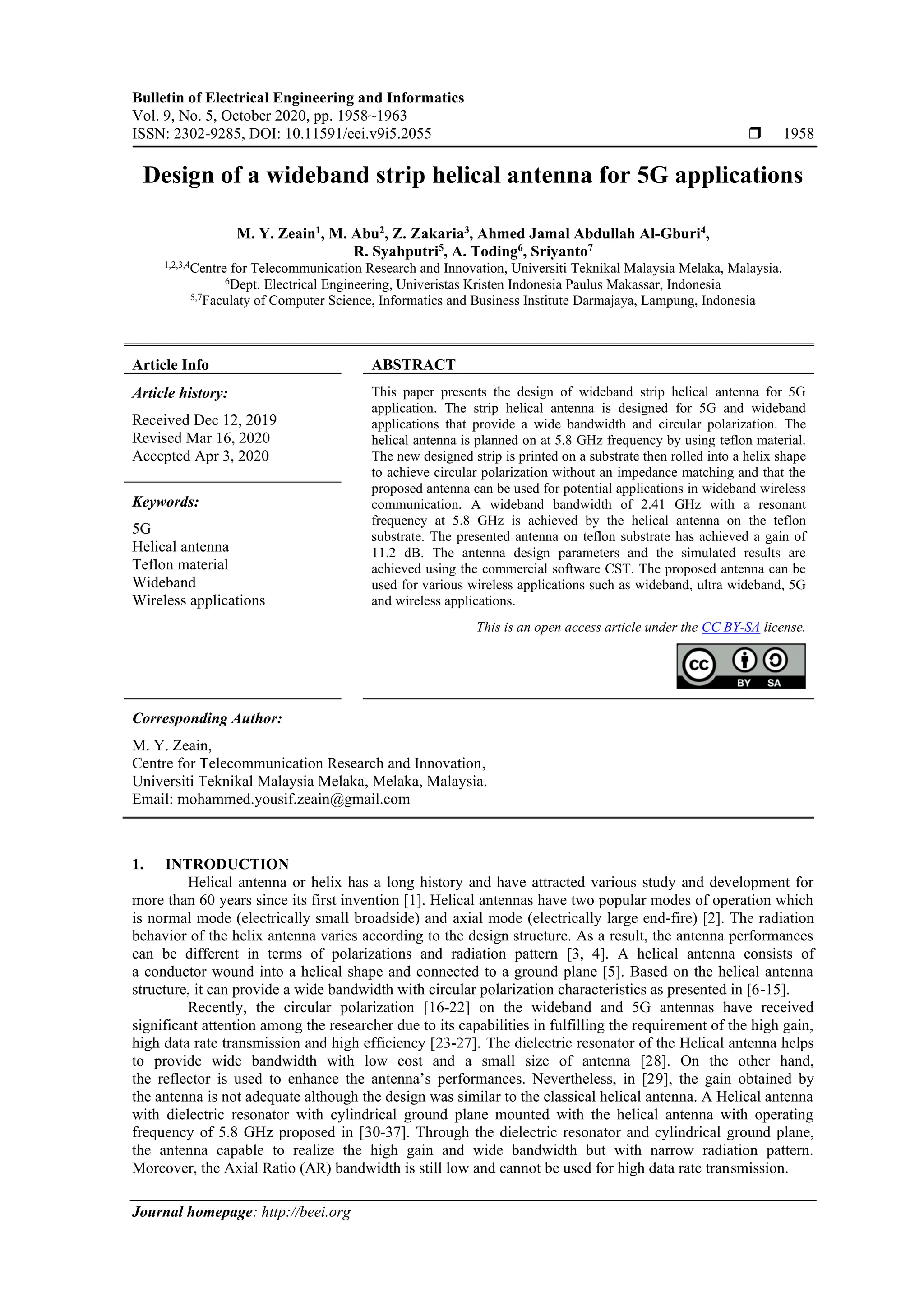 Design of a wideband strip helical antenna for 5G applications | PDF