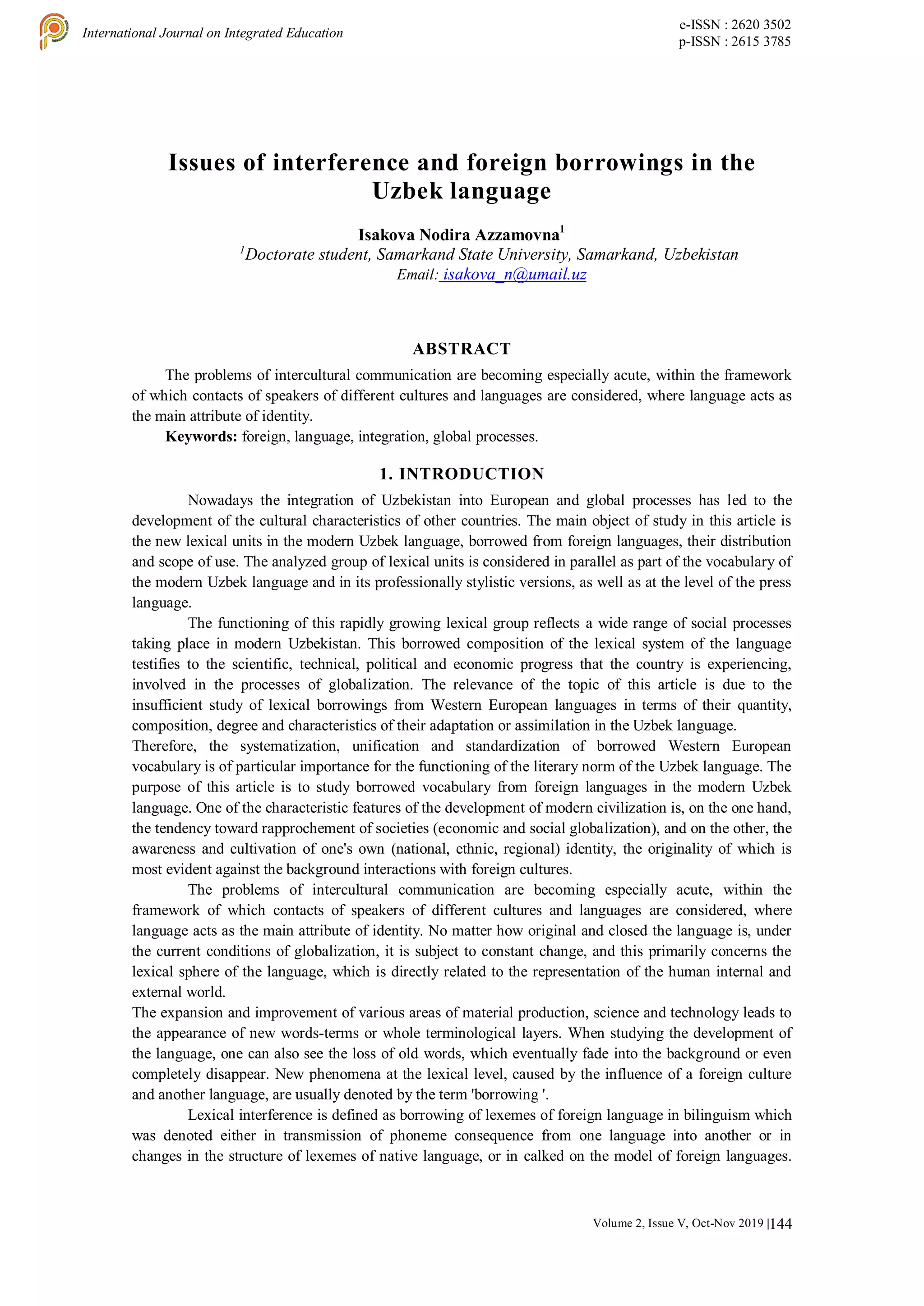 Issues of interference and foreign borrowings in the Uzbek language | PDF