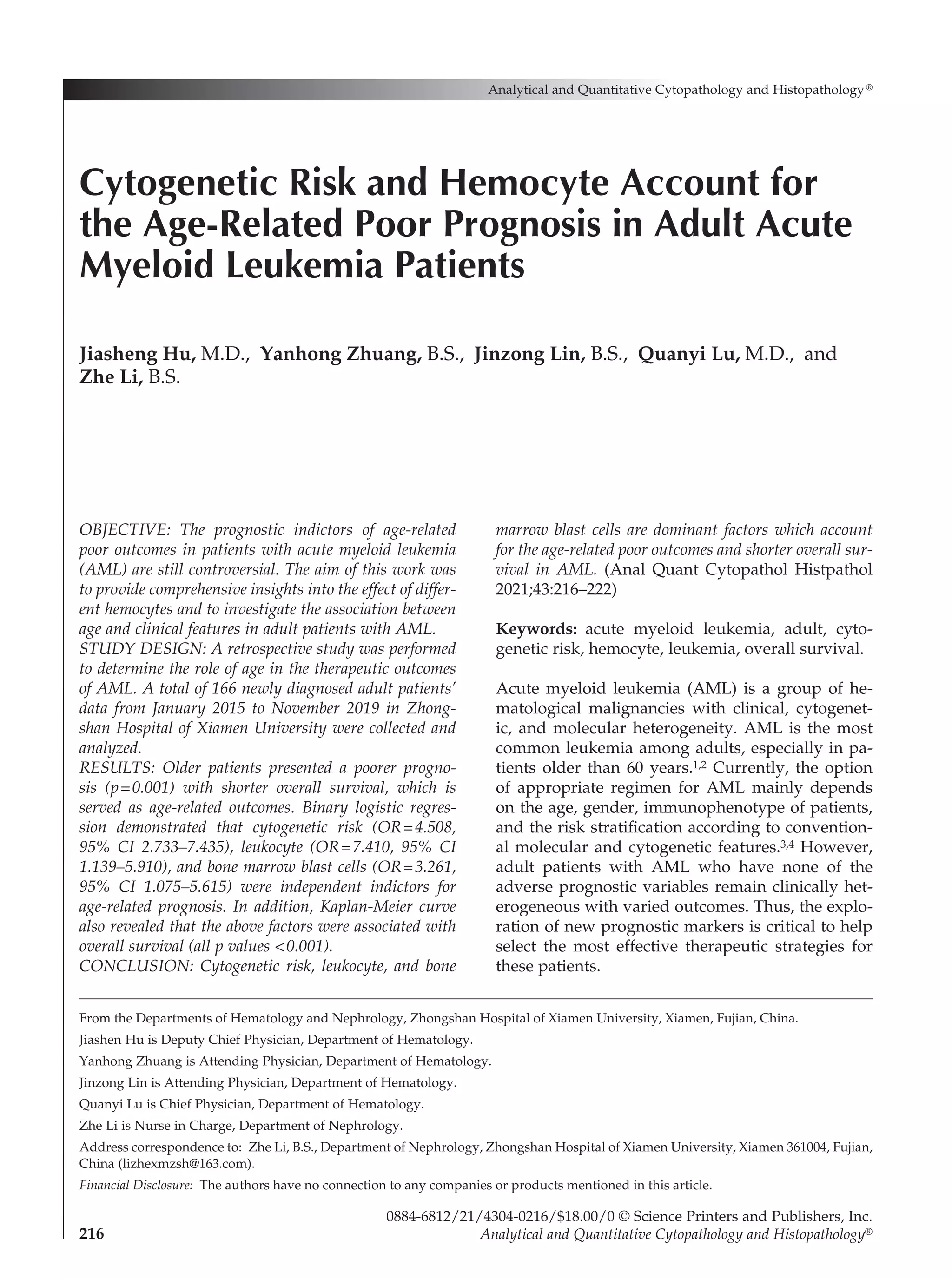 Cytogenetic Risk and Hemocyte Account for the Age-Related Poor ...