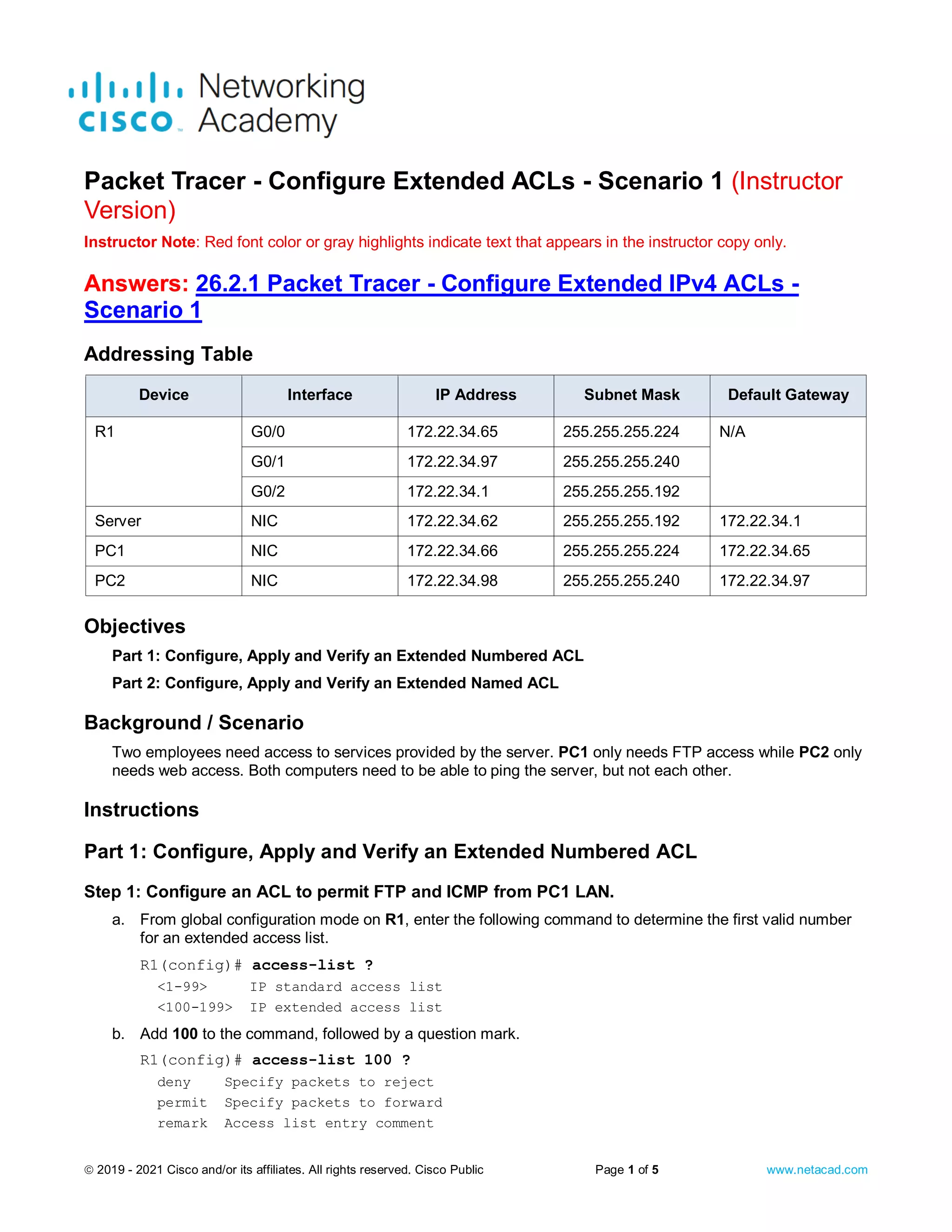 26.2.1 Packet Tracer - Configure Extended IPv4 ACLs - Scenario 1 - ITExamAnswers.pdf | Computer ...