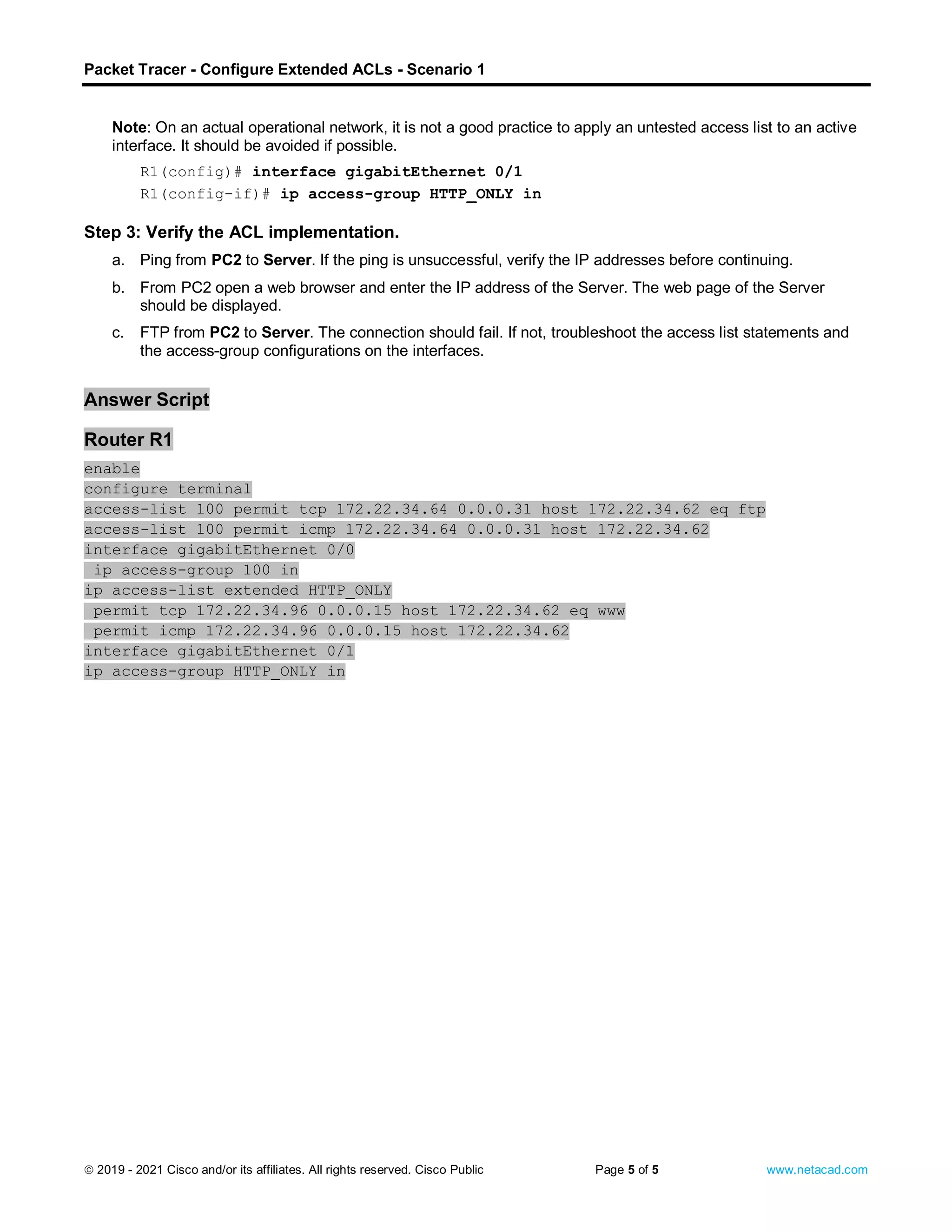 26.2.1 Packet Tracer - Configure Extended IPv4 ACLs - Scenario 1 - ITExamAnswers.pdf