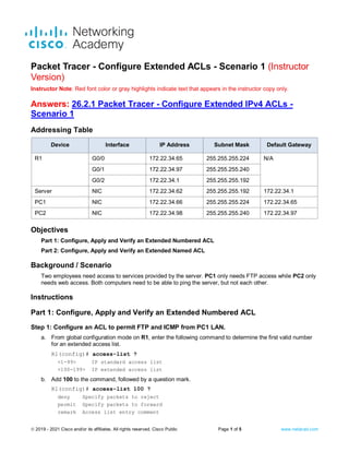 26.2.1 Packet Tracer - Configure Extended IPv4 ACLs - Scenario 1 - ITExamAnswers.pdf | Computer ...