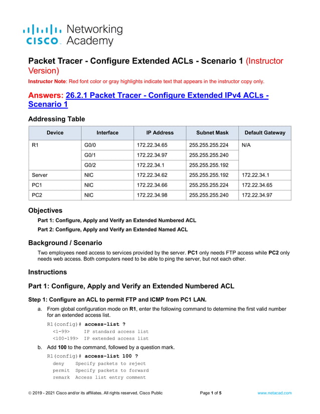 26.2.1 Packet Tracer - Configure Extended IPv4 ACLs - Scenario 1 - ITExamAnswers.pdf