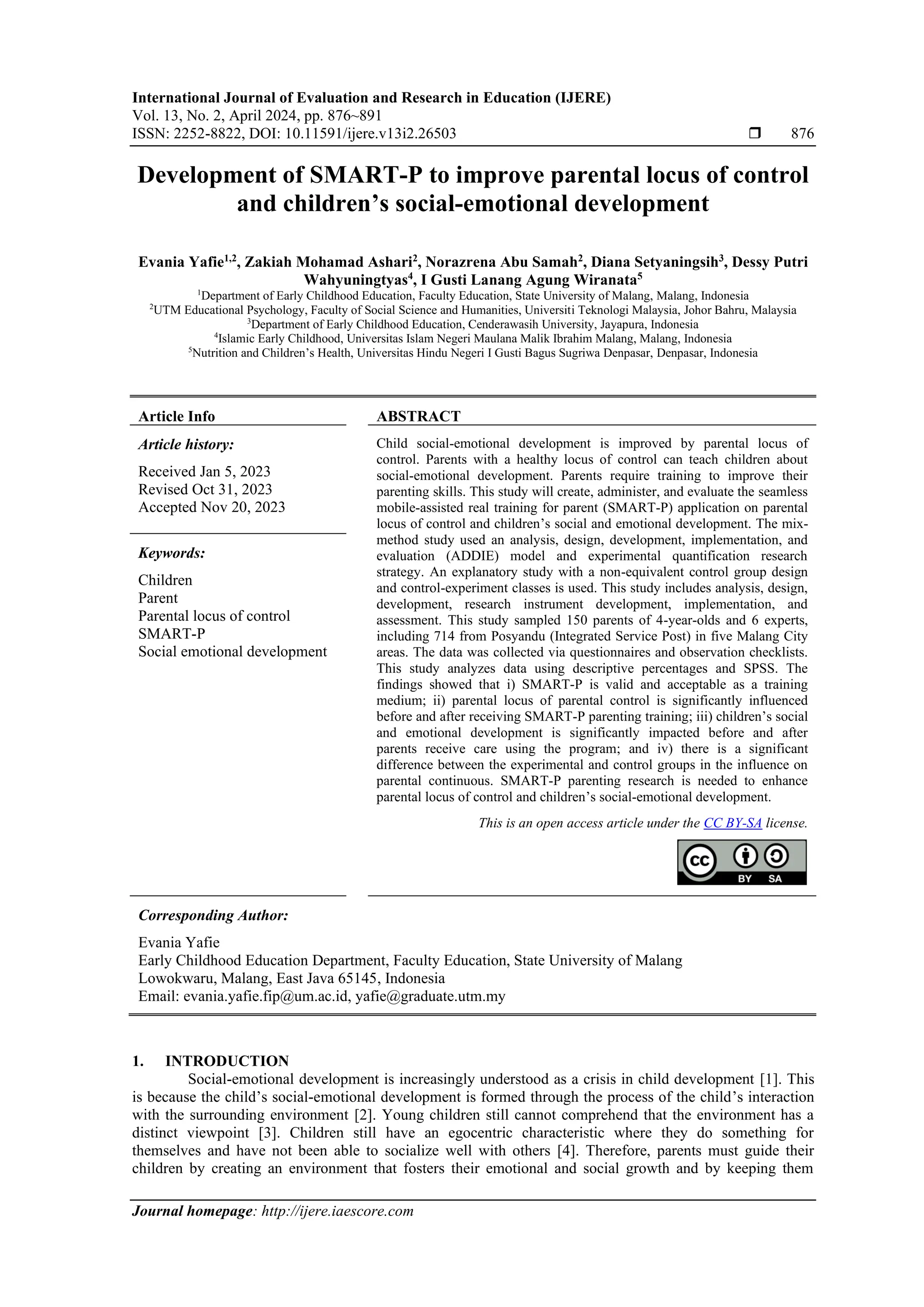 Development of SMART-P to improve parental locus of control and children’s social-emotional ...