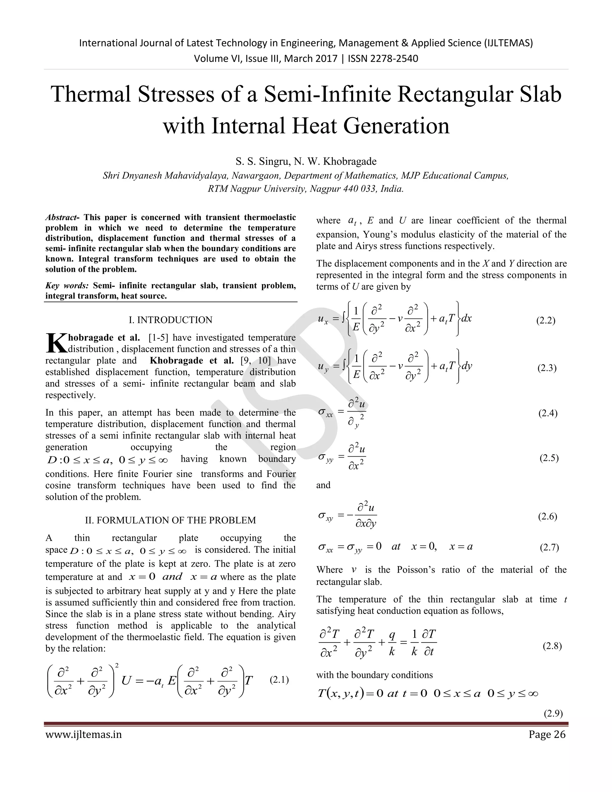 Thermal Stresses of a Semi-Infinite Rectangular Slab with Internal Heat ...