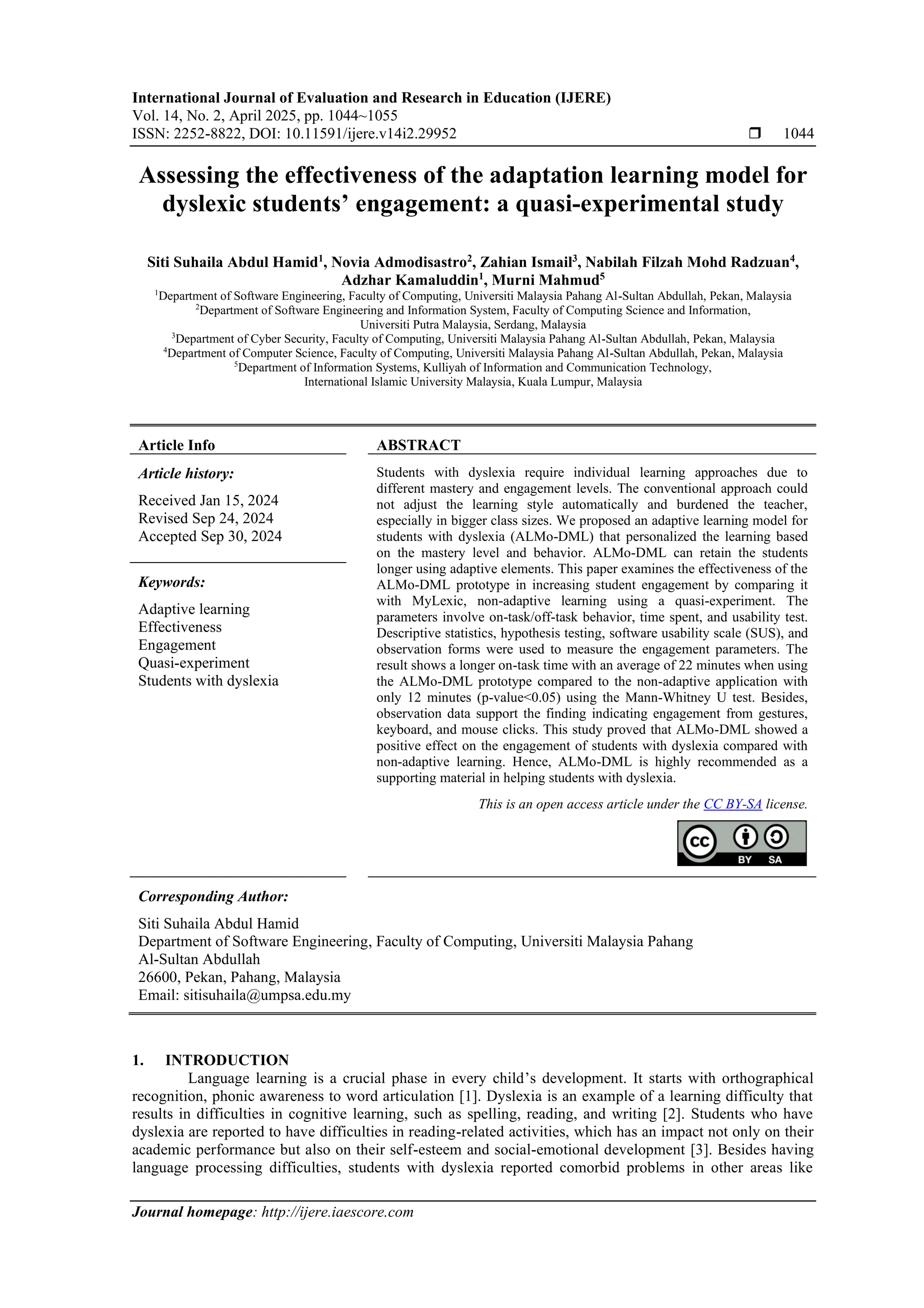Assessing the effectiveness of the adaptation learning model for dyslexic students’ engagement ...