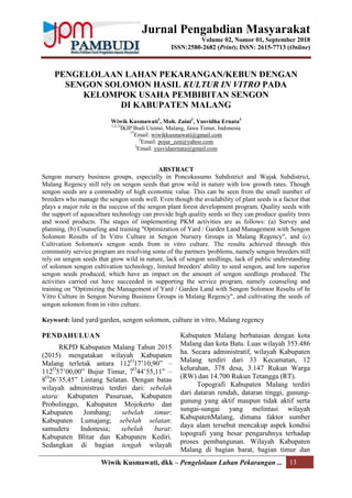 PENGELOLAAN LAHAN PEKARANGAN/KEBUN DENGAN SENGON SOLOMON HASIL KULTUR IN VITRO PADA KELOMPOK ...