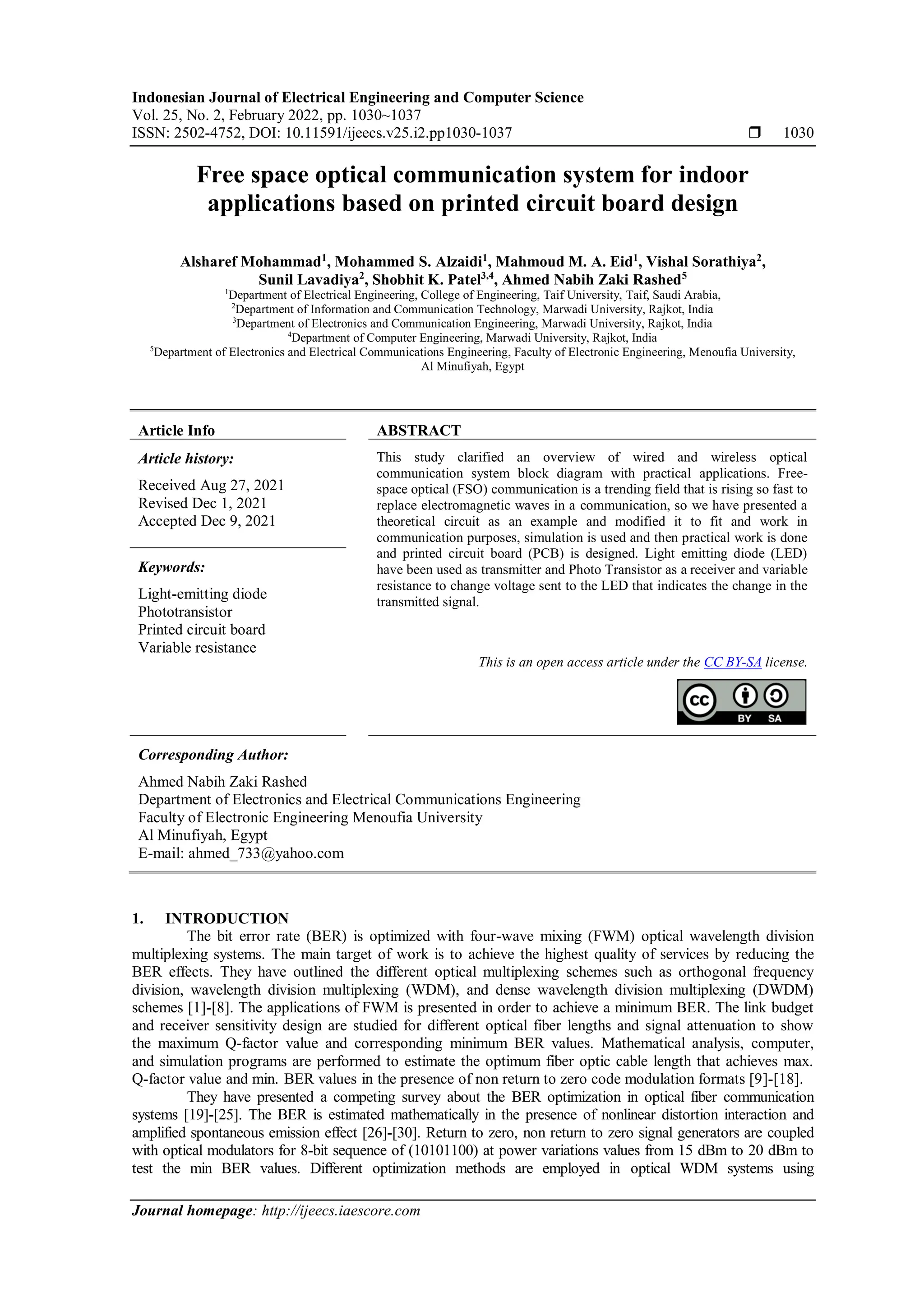 Free space optical communication system for indoor applications based ...
