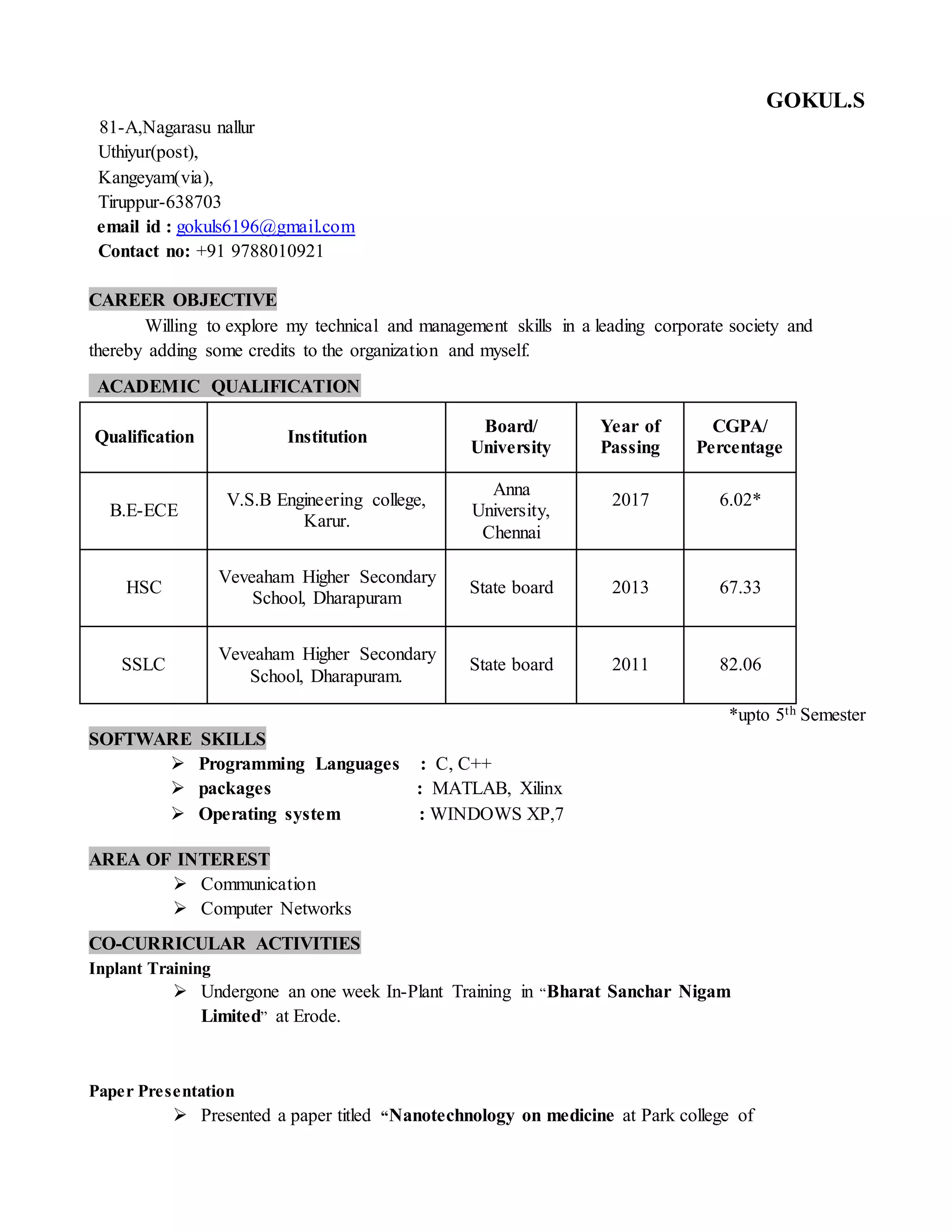 gokul siva resume | PDF