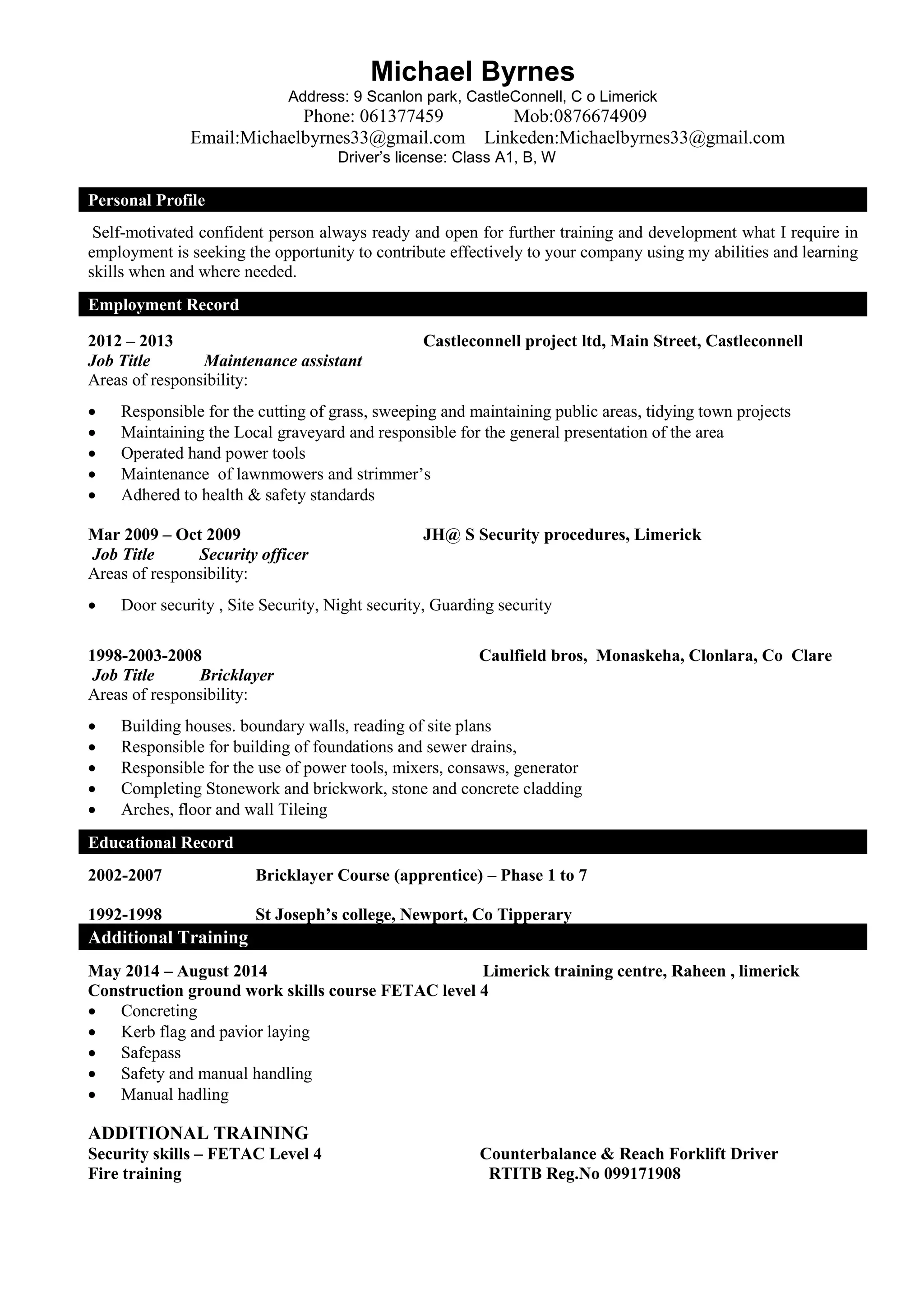 Michael Byrnes CV | DOCX