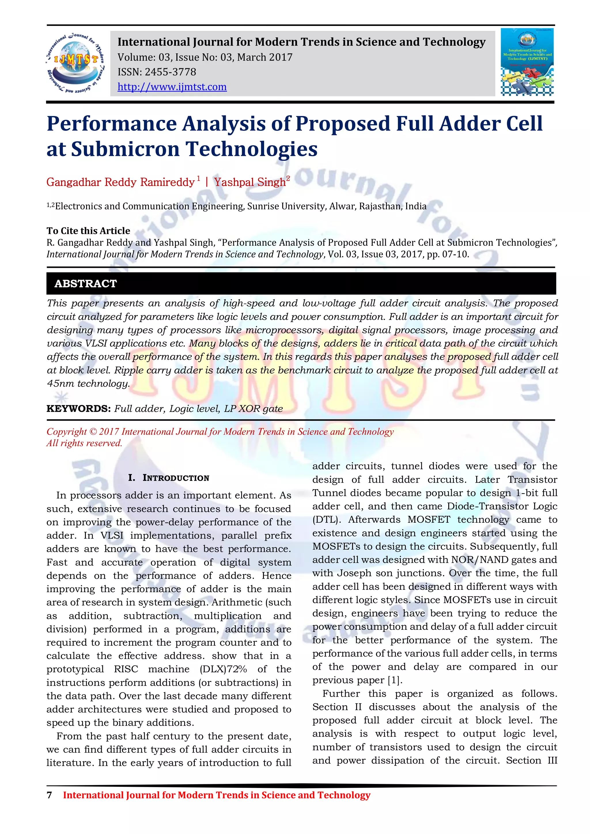 Performance Analysis of Proposed Full Adder Cell at Submicron Technologies | PDF