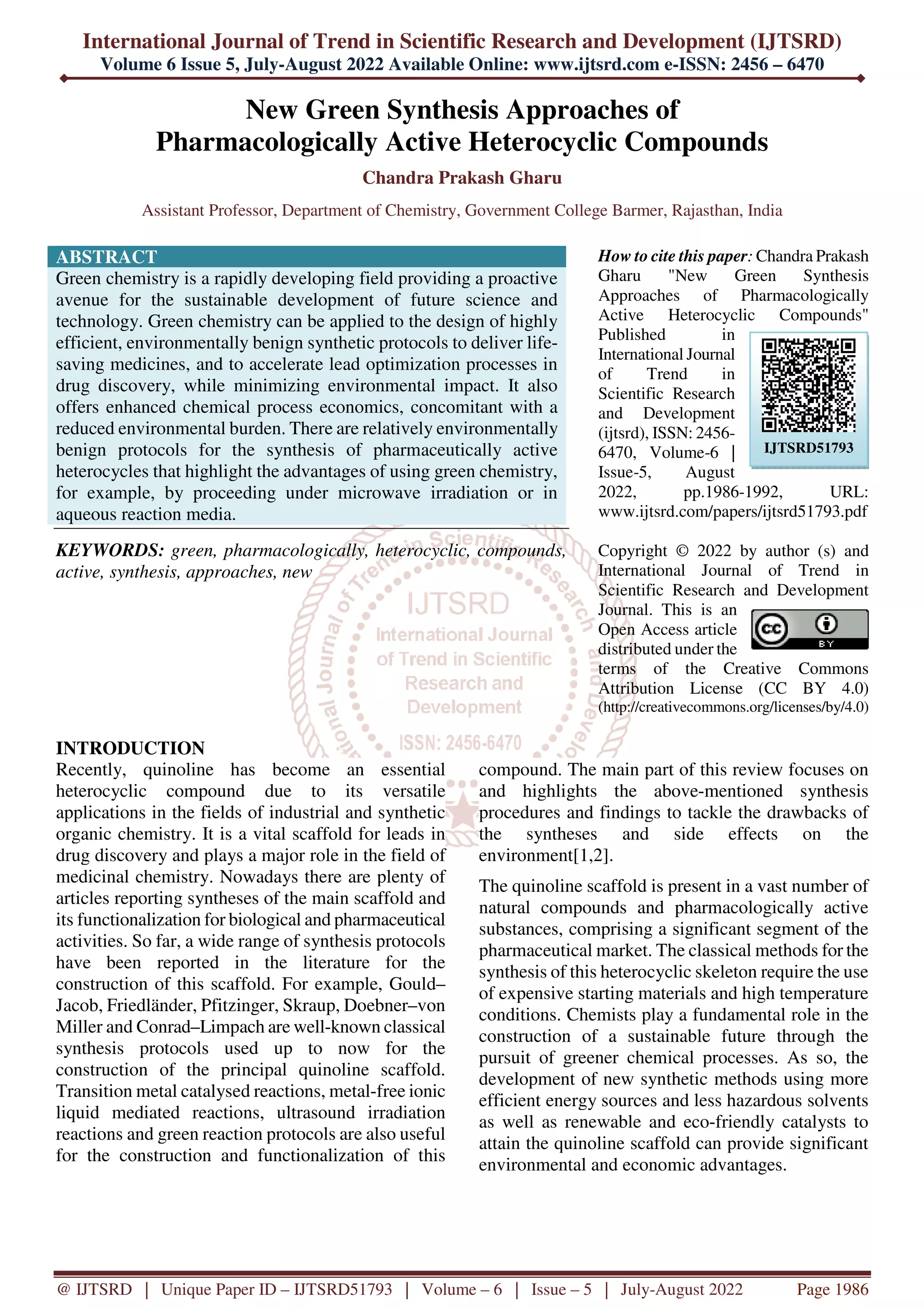 New Green Synthesis Approaches of Pharmacologically Active Heterocyclic ...