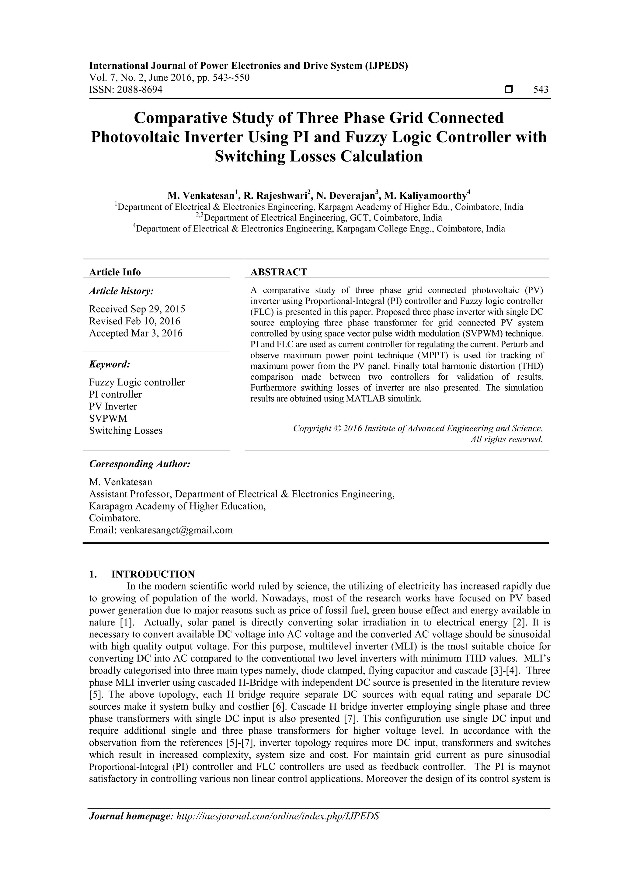 Comparative Study of Three Phase Grid Connected Photovoltaic Inverter Using PI and Fuzzy Logic ...