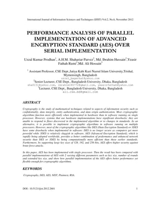 PERFORMANCE ANALYSIS OF PARALLEL IMPLEMENTATION OF ADVANCED ENCRYPTION STANDARD (AES) OVER ...
